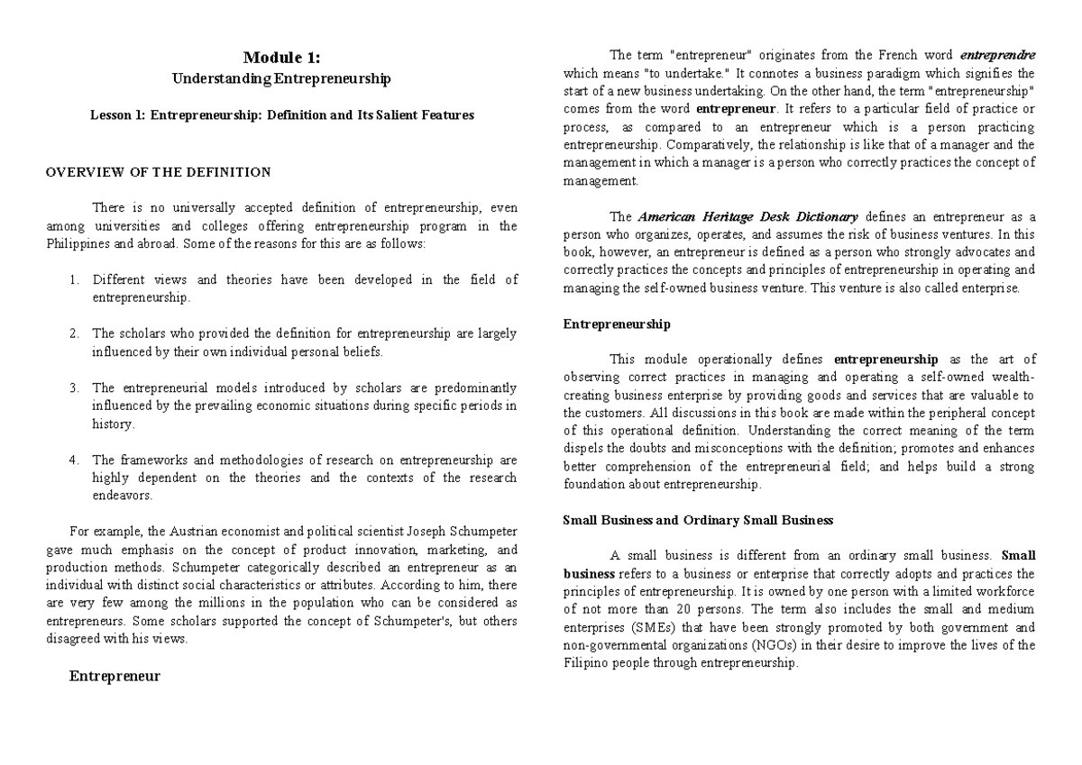 Entrep Reviewer - SHS - Module 1: Understanding Entrepreneurship Lesson 1: Entrepreneurship ...