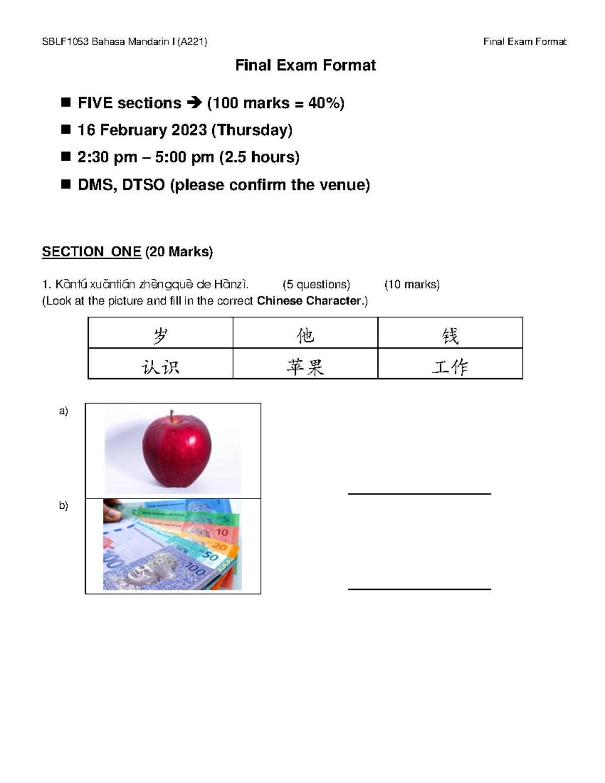 SBLF1053 A221 Final Exam Format - Final Exam Format FIVE sections (100 ...