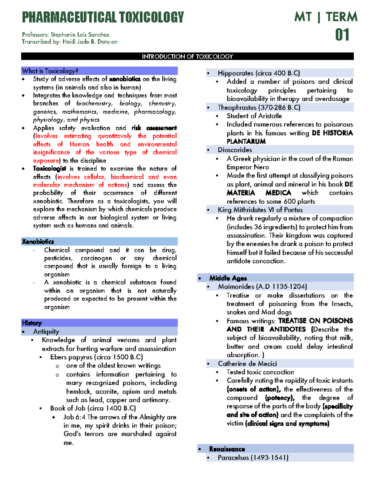 Midterm- Reviewer Toxicology-LEC - PHARMACEUTICAL TOXICOLOGY Professors ...