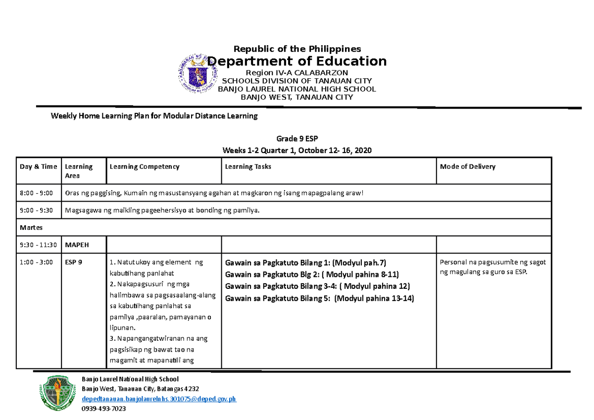 WHLP ESP 9 WEEK1-2 - weekly home learning plan - Department of ...