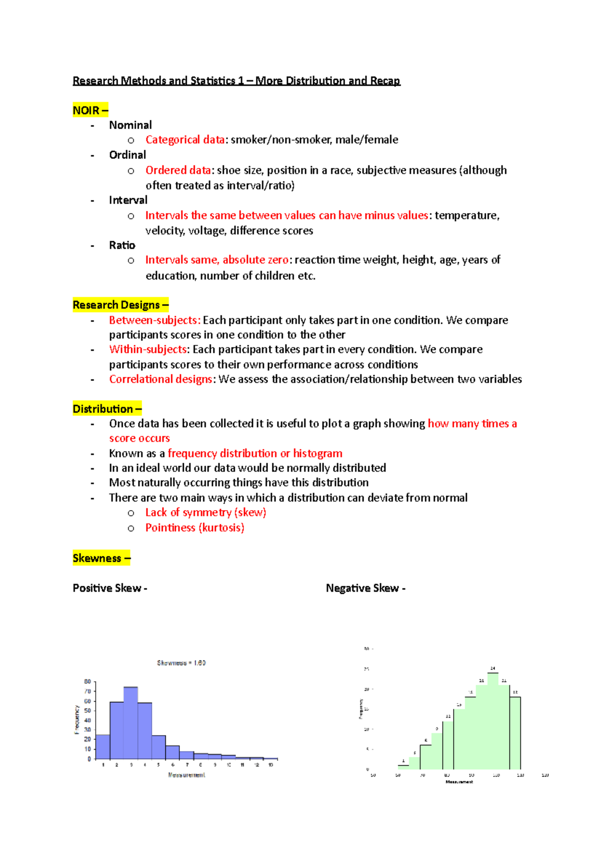 Lecture 6 notes - Distribution and Recap - Research Methods and ...