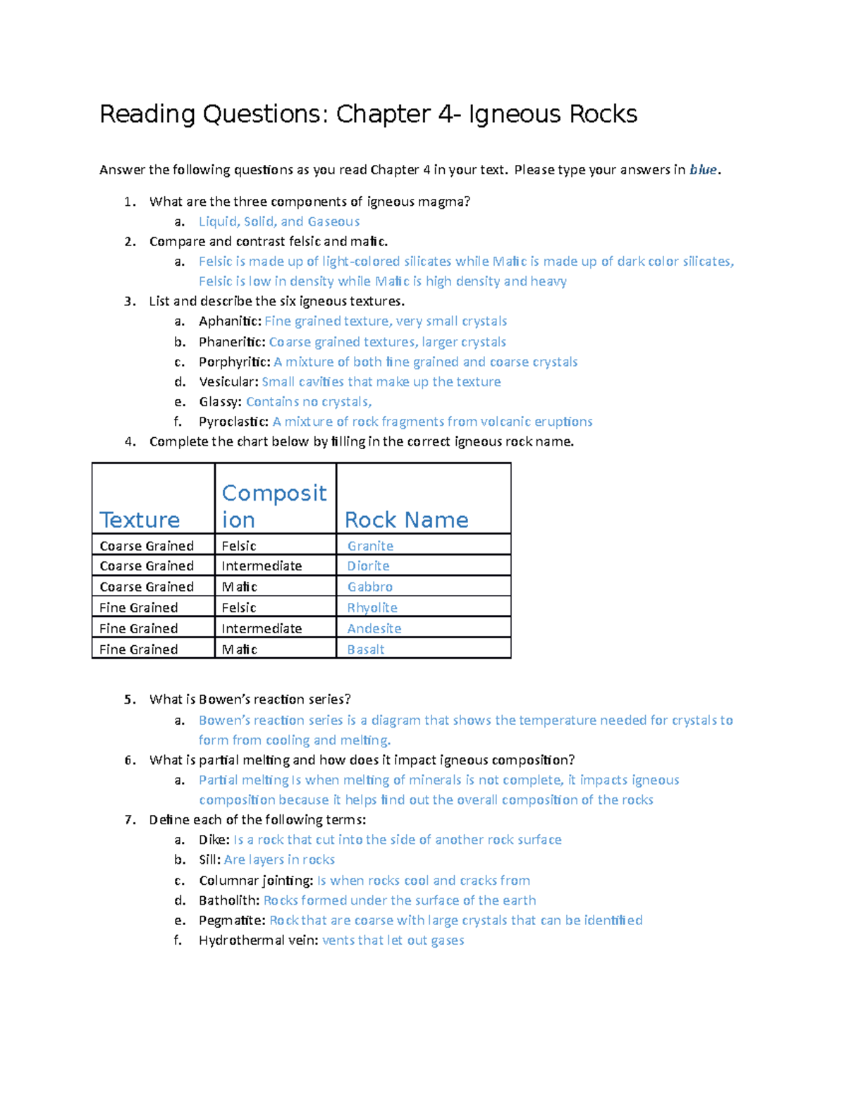 Ch. 4 Guided Reading Questions - Reading Questions: Chapter 4- Igneous ...