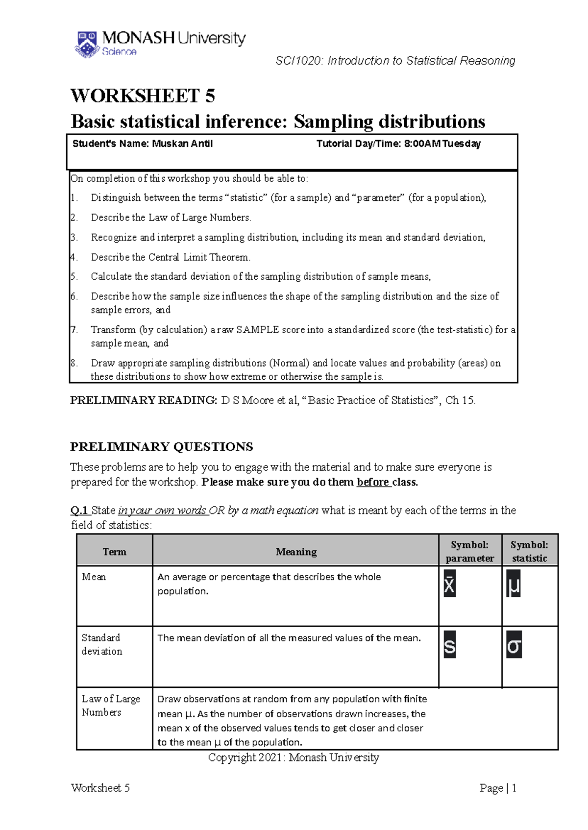 SCI1020 Worksheet 5 - Practice week 5 - SCI1020: Introduction to ...