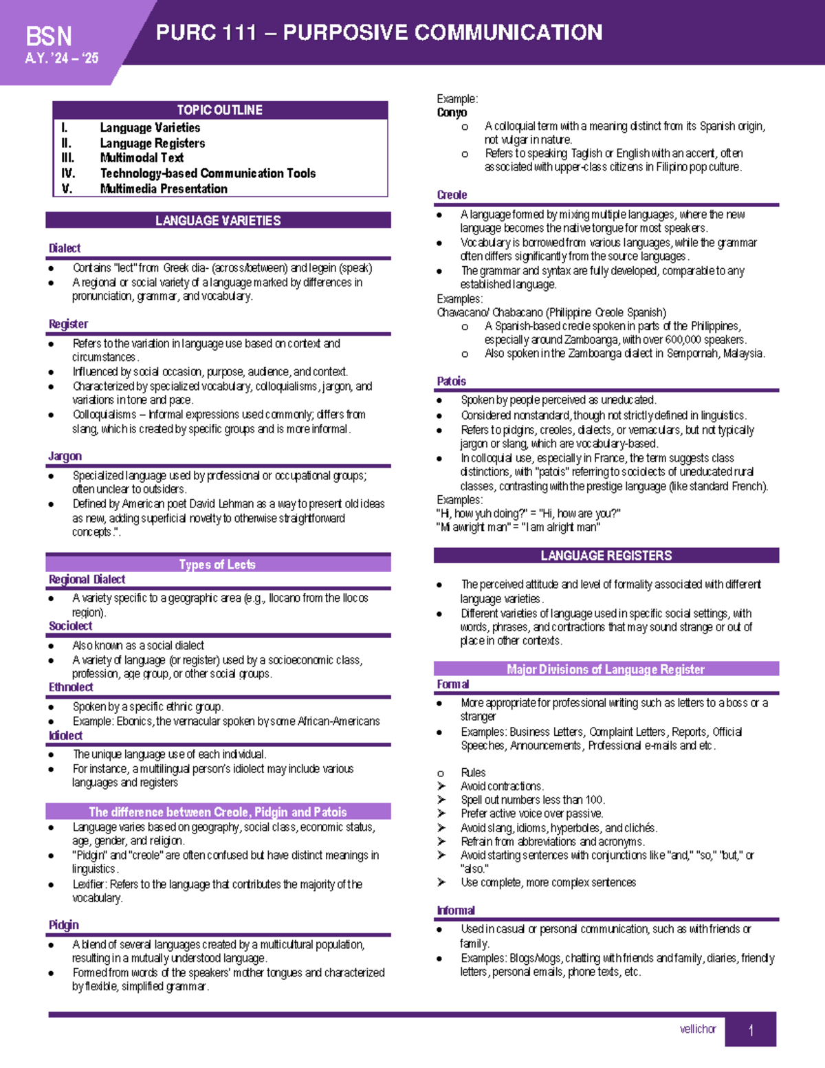 PURC111-midterm - midterm topics - PURC 111 – PURPOSIVE COMMUNICATION vellichor 1 BSN A. ’2 4 ...