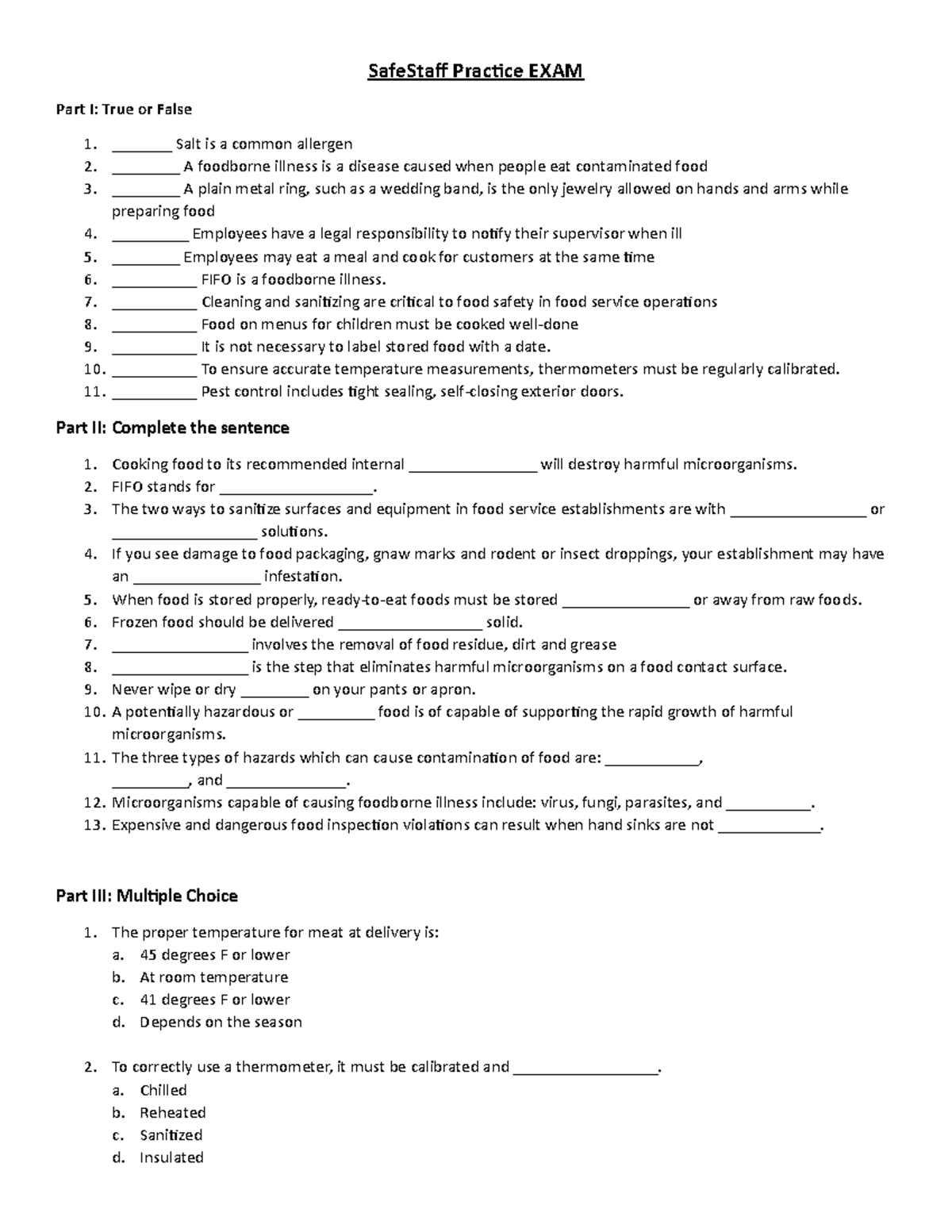 Safe Staff Practice Test - SafeStaff Practice EXAM Part I: True or ...