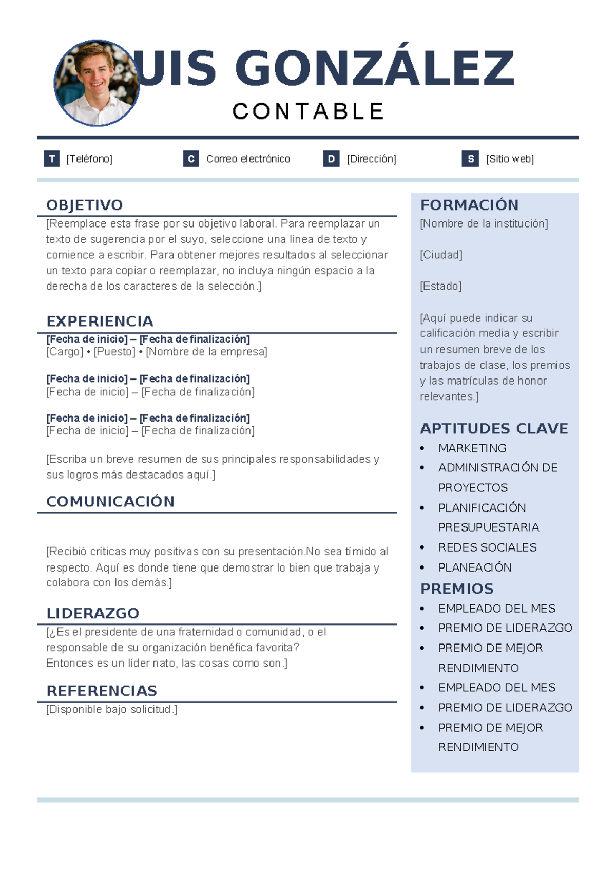 Ejemplo de Currículum Vitae - LUIS GONZÁLEZ C O N T A B L E T [Teléfono] C Correo electrónico D ...