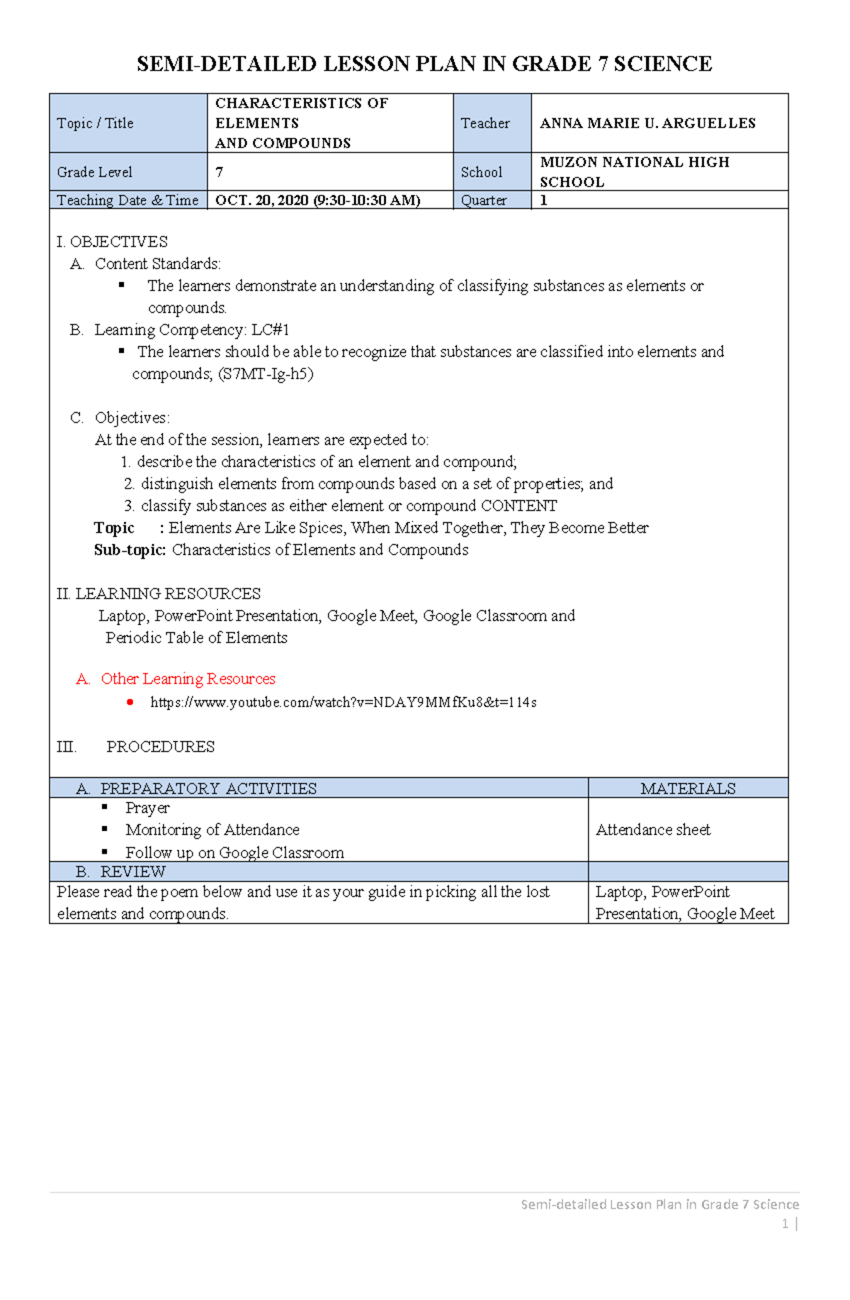Scribd - n/a - SEMI-DETAILED LESSON PLAN IN GRADE 7 SCIENCE Topic / Title CHARACTERISTICS OF ...