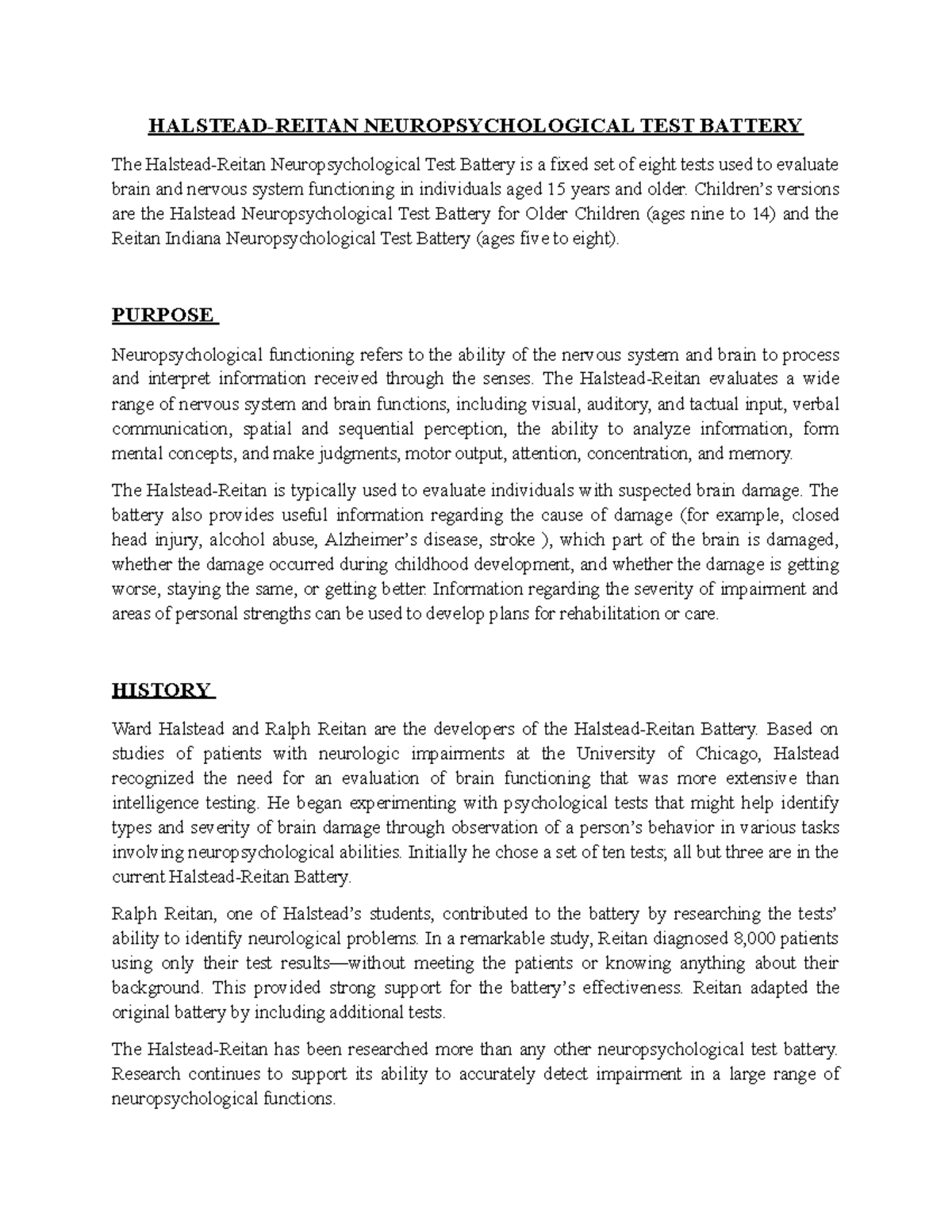 Neuropsychological assessment assignment - HALSTEAD-REITAN ...