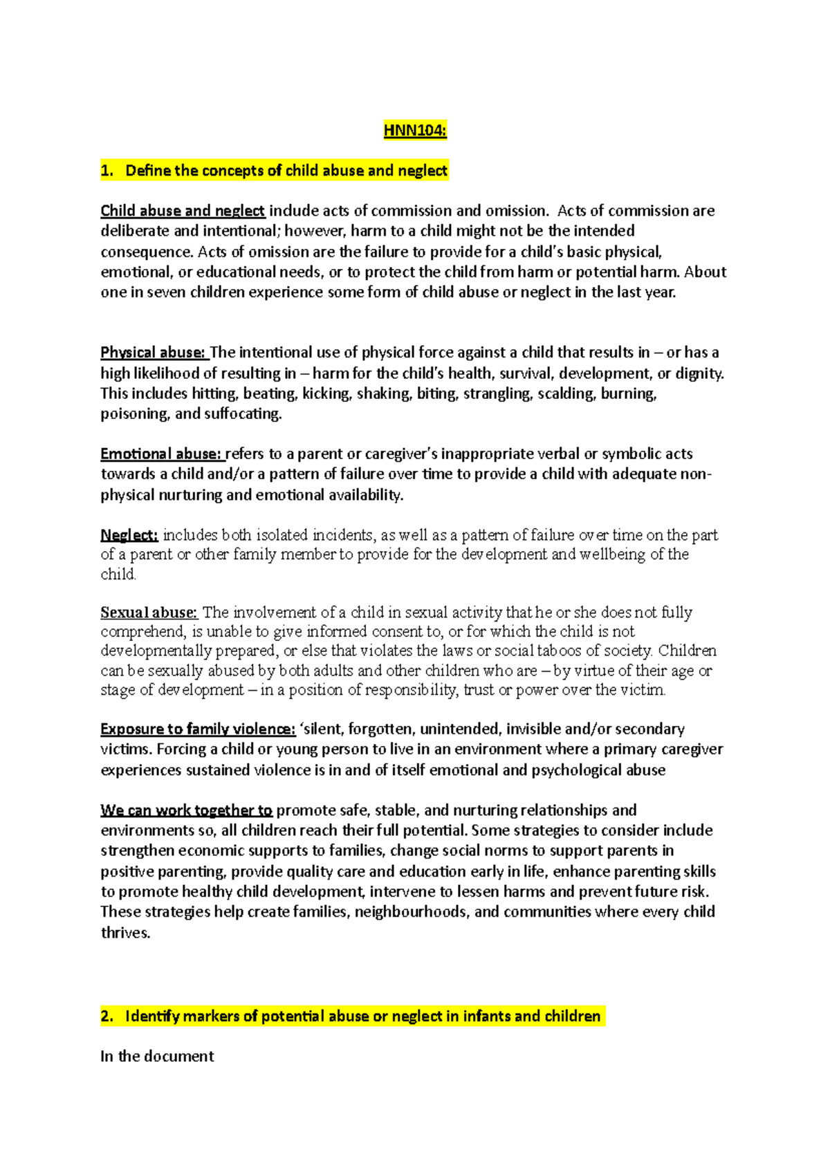 HNN104 Summary - HNN104: Define the concepts of child abuse and neglect ...