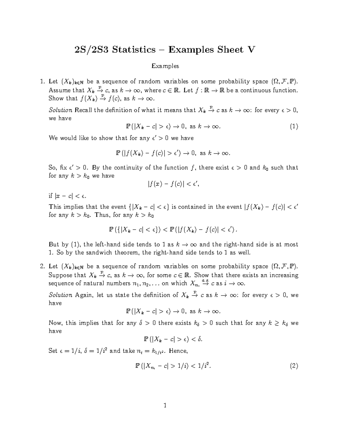 Examples sheet 5 with solutions - 2S/2S3 Statistics – Examples Sheet V ...