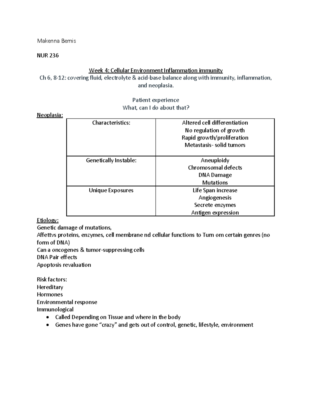 NUR 236 Pathophysiology Notes - Makenna Bemis NUR 236 Week 4: Cellular ...