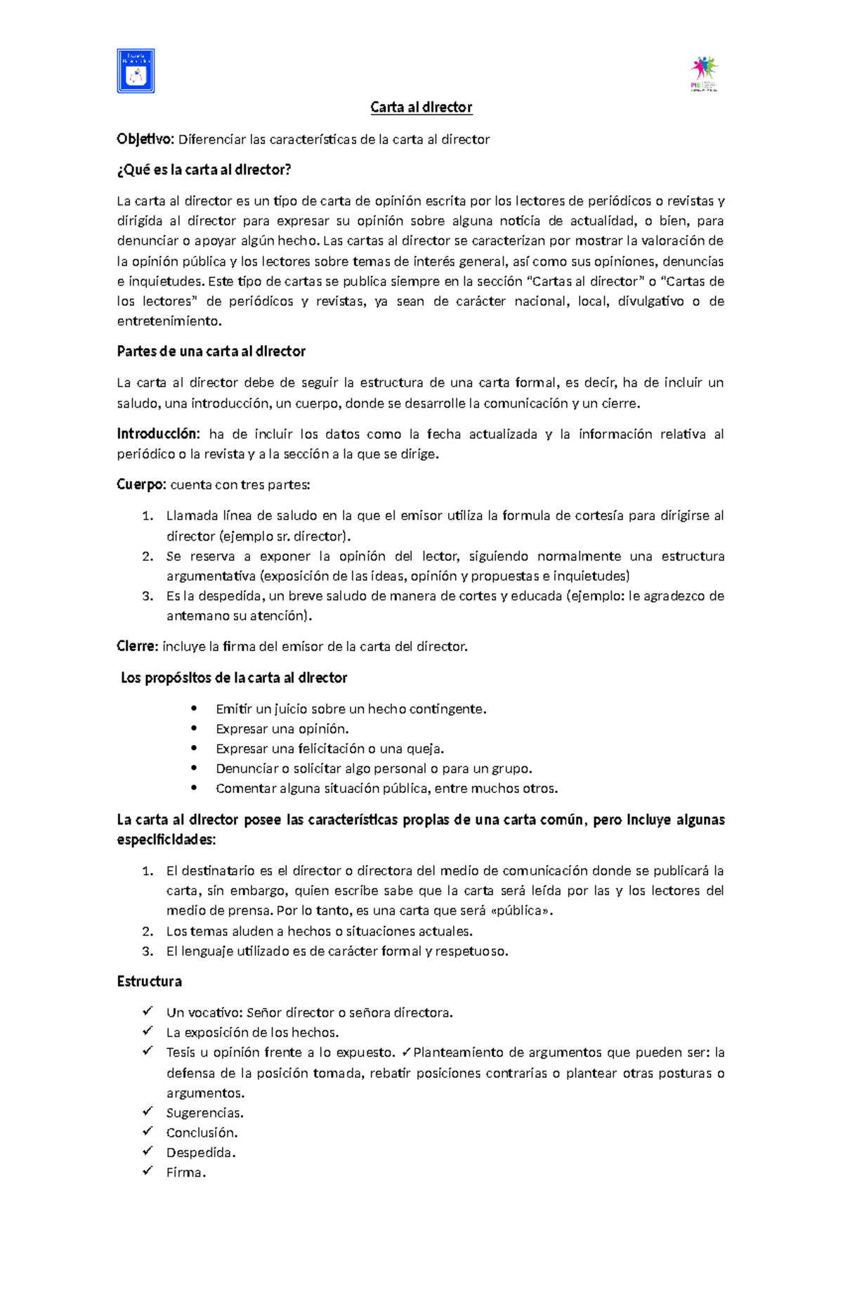 8° Carta al director - Carta al director Objetivo: Diferenciar las ...