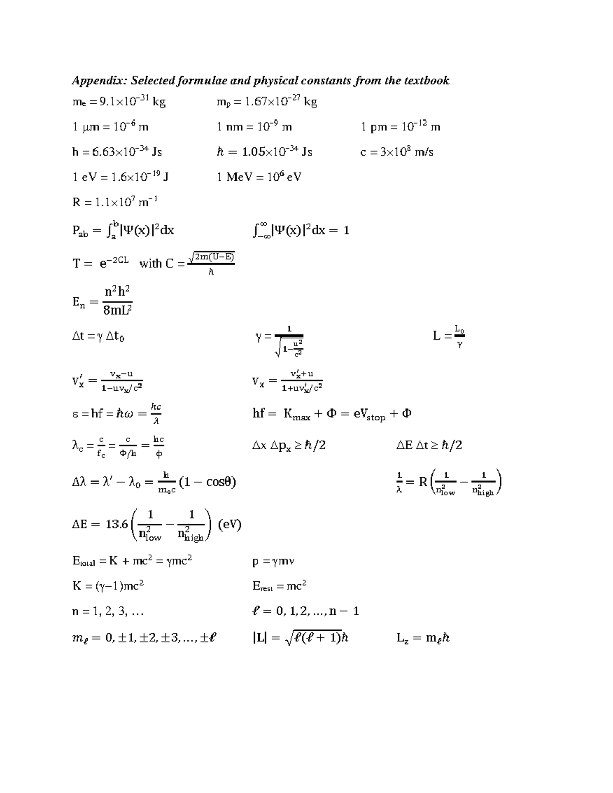 Appendix Table - Physics A2 - Appendix: Selected formulae and physical ...