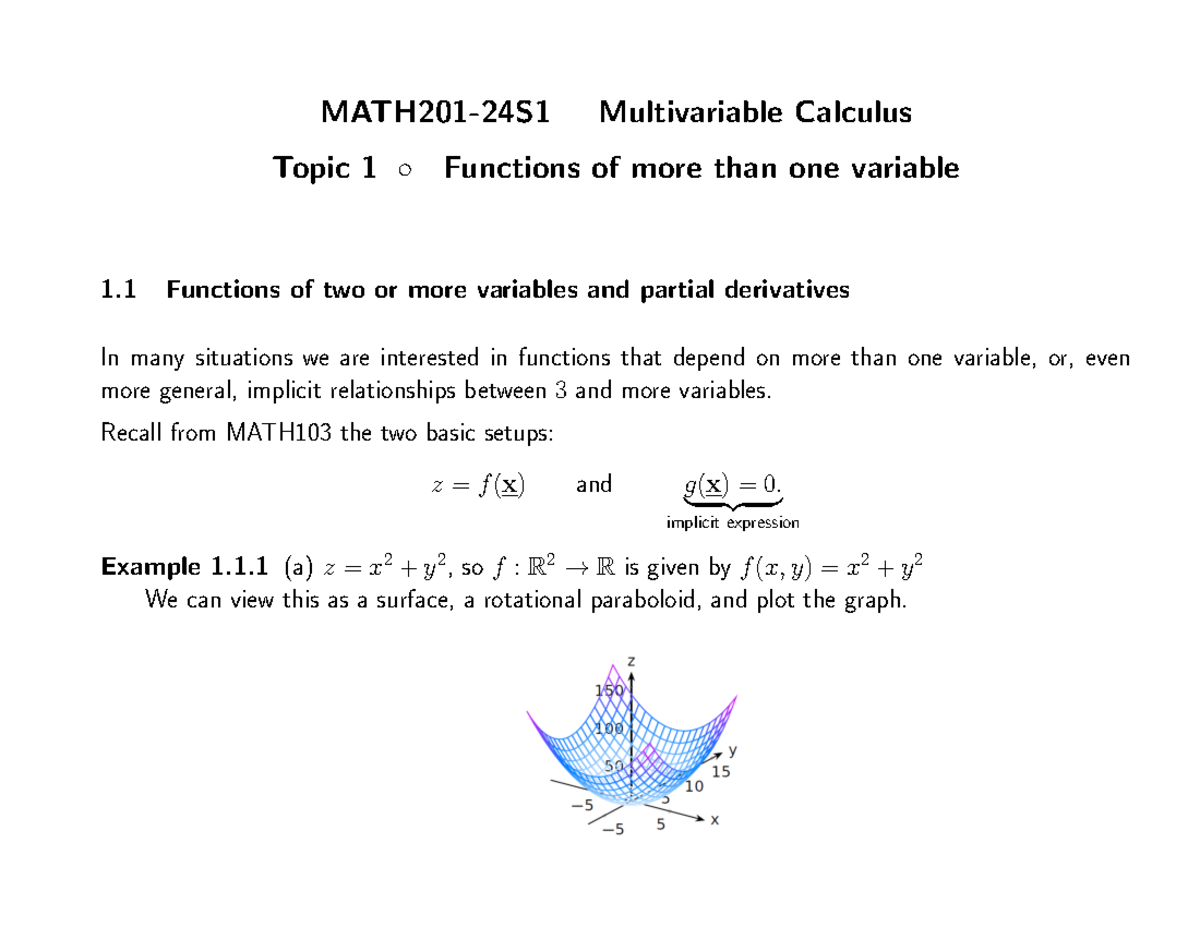 Math201-24-multi fu - Homework - MATH201-24S1 Multivariable Calculus ...