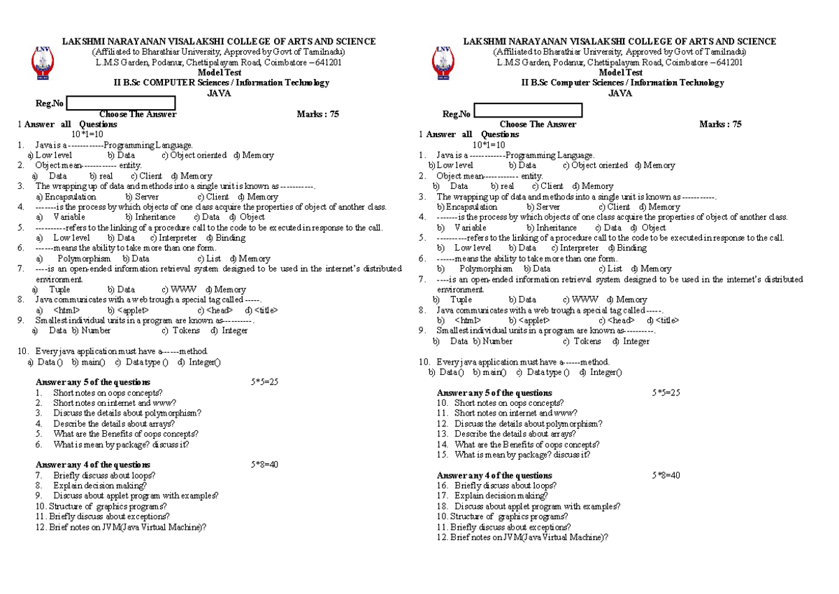 Model java2 - LAKSHMI NARAYANAN VISALAKSHI COLLEGE OF ARTS AND SCIENCE ...
