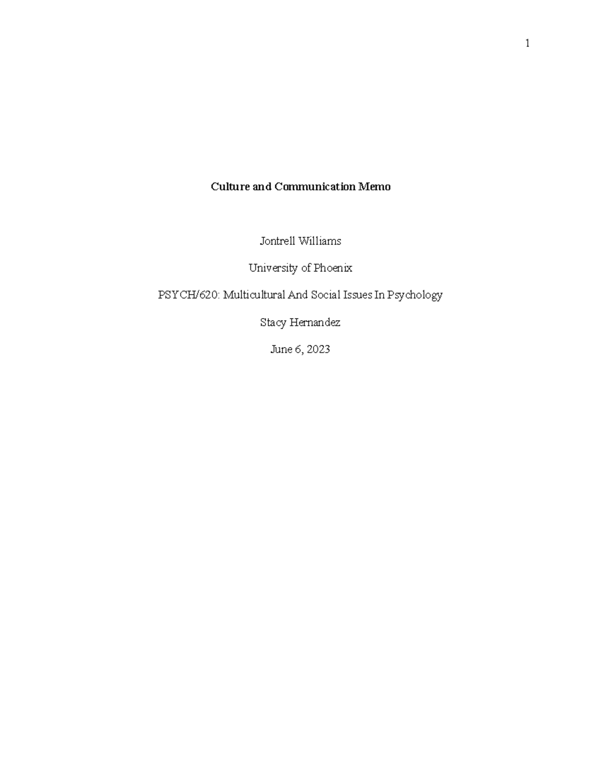 Culture and Communication Memo - Culture and Communication Memo ...