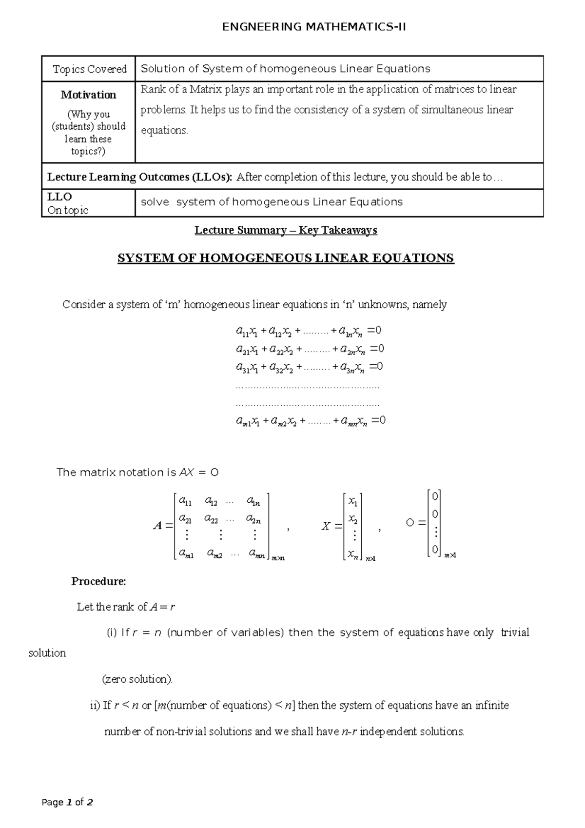 Solution Of System Of Homogeneous Linear Equations Engneering