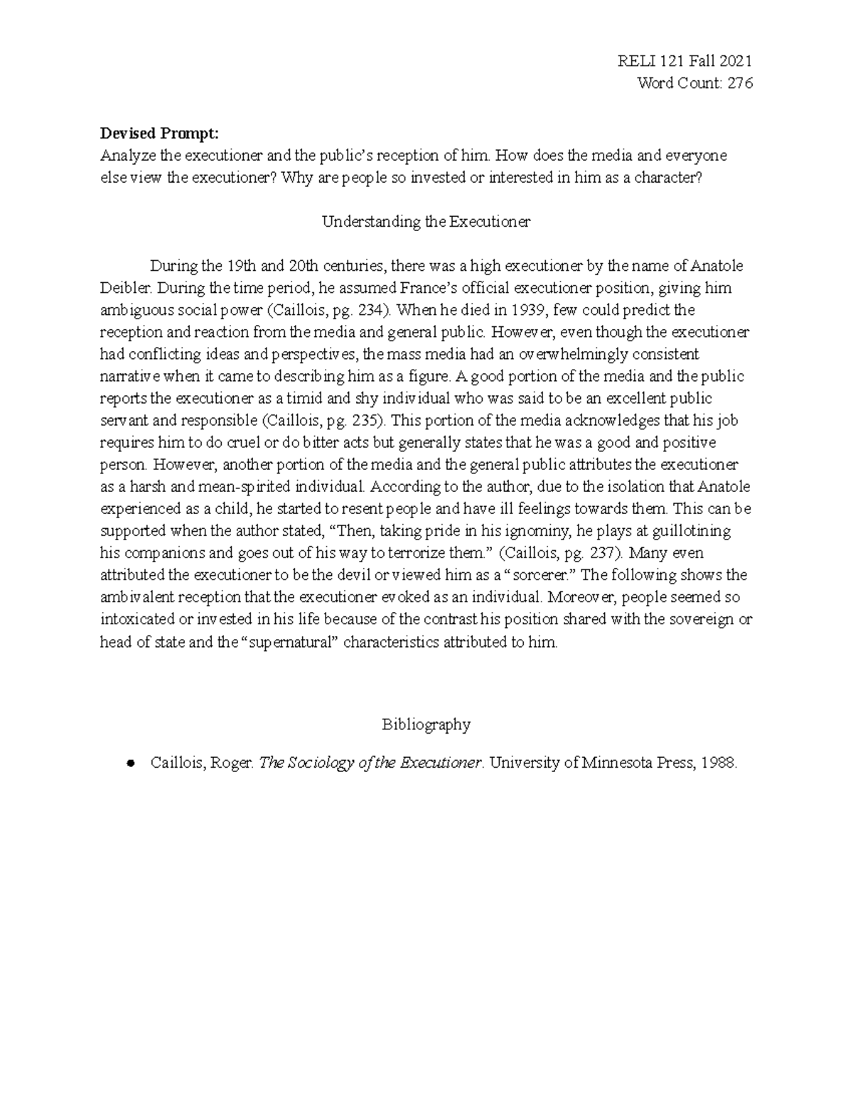 Week 6 Recitation Paper - RELI 121 Fall 2021 Word Count: 276 Devised ...