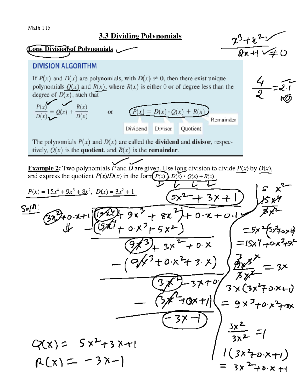 3.3 Dividing Polynomials pdf - Math 115 3 Dividing Polynomials Long ...