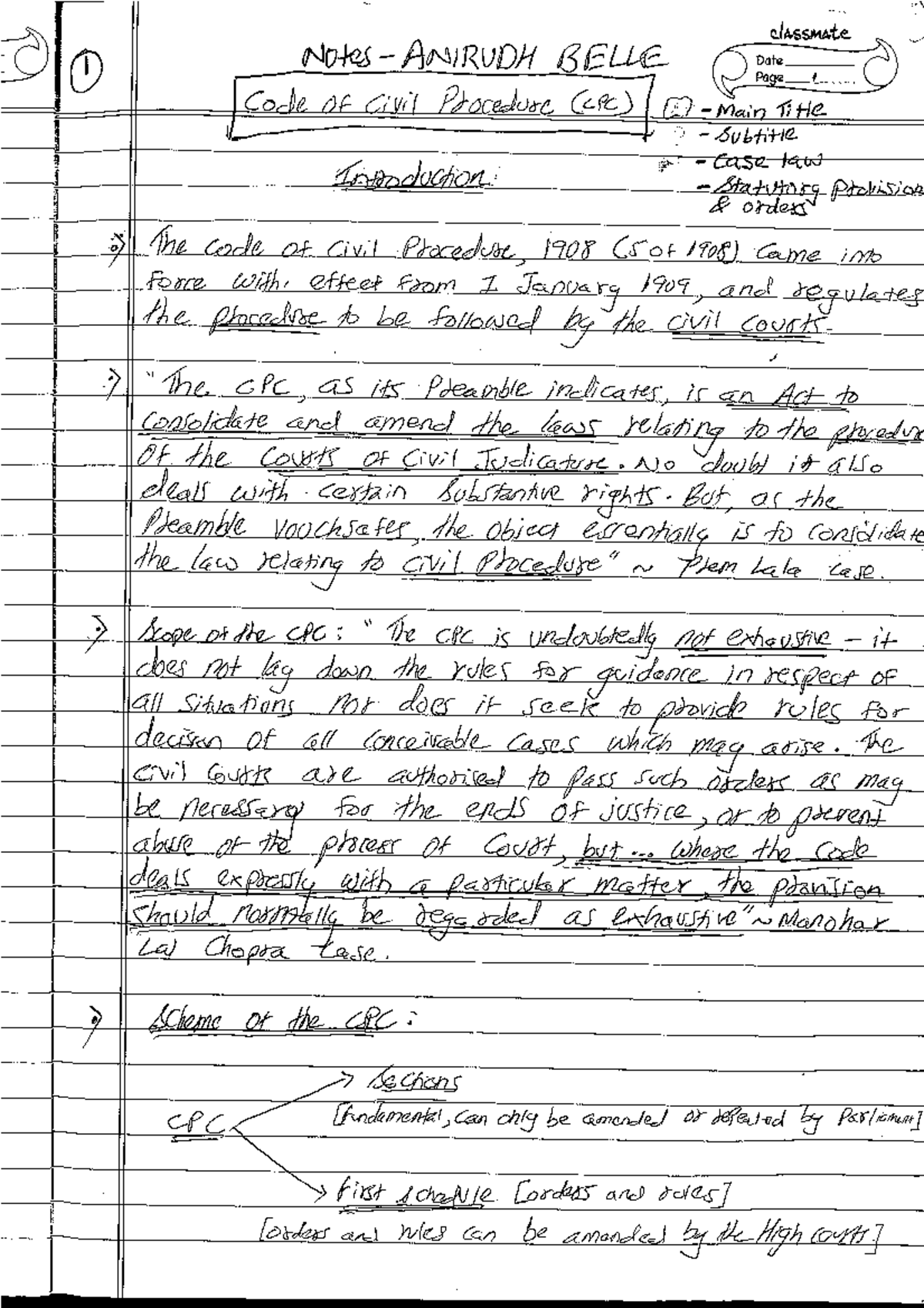 Anirudh Belle's CPC Notes (Handwritten) - Civil Procedure code (India ...