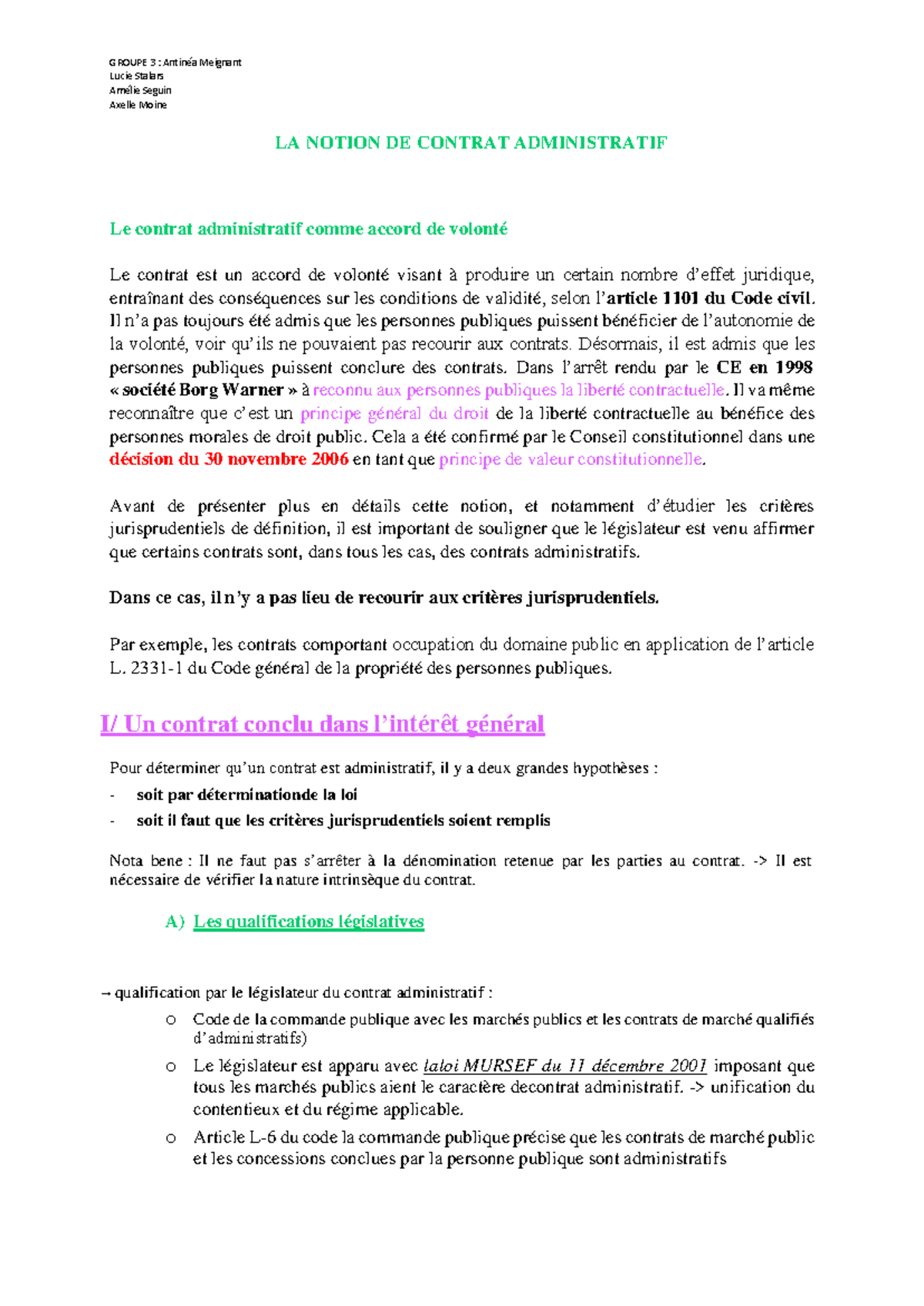 LA Notion DE Contrat Administratif - Lucie Stalars Amélie Seguin Axelle ...