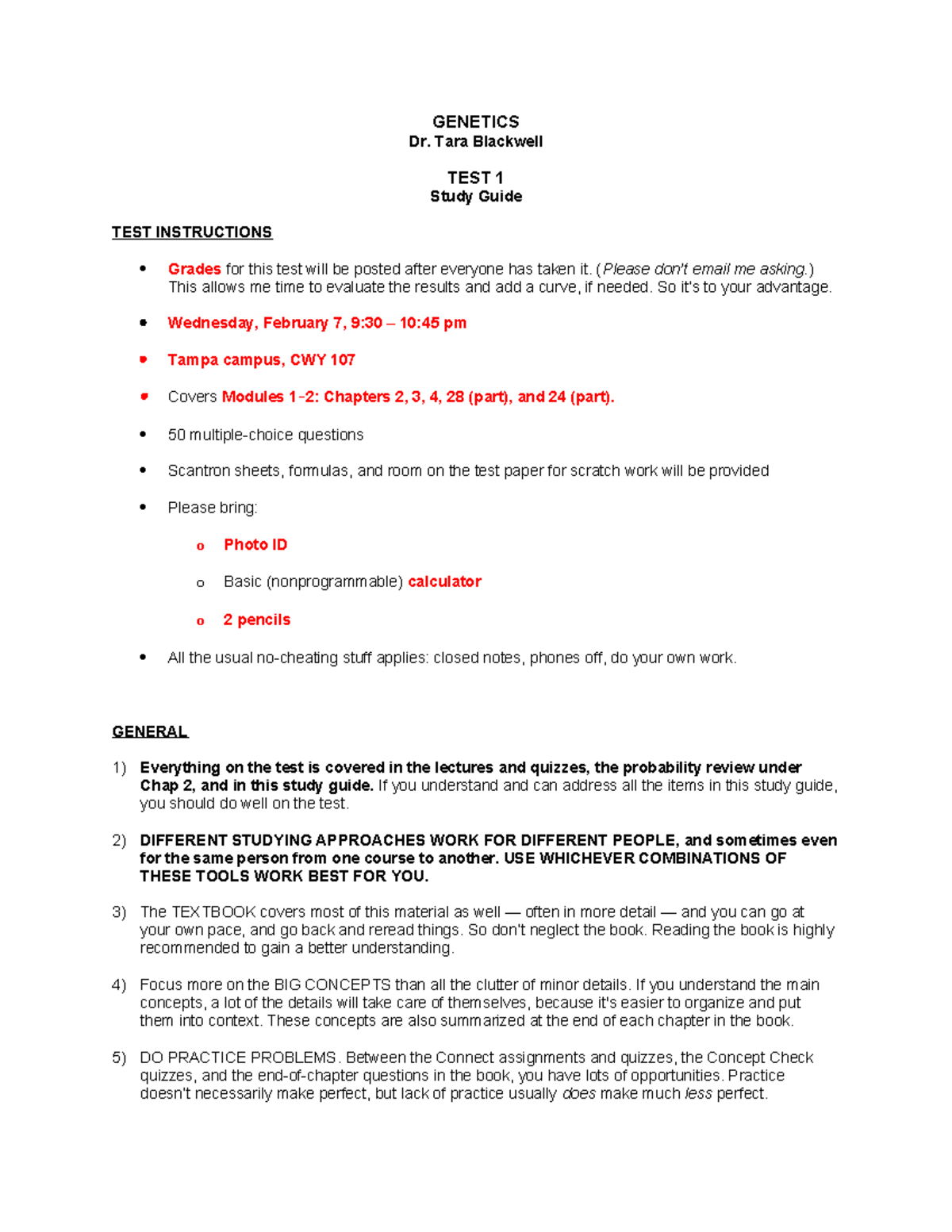 Genetics Test 1 Study Guide - GENETICS Dr. Tara Blackwell TEST 1 Study ...