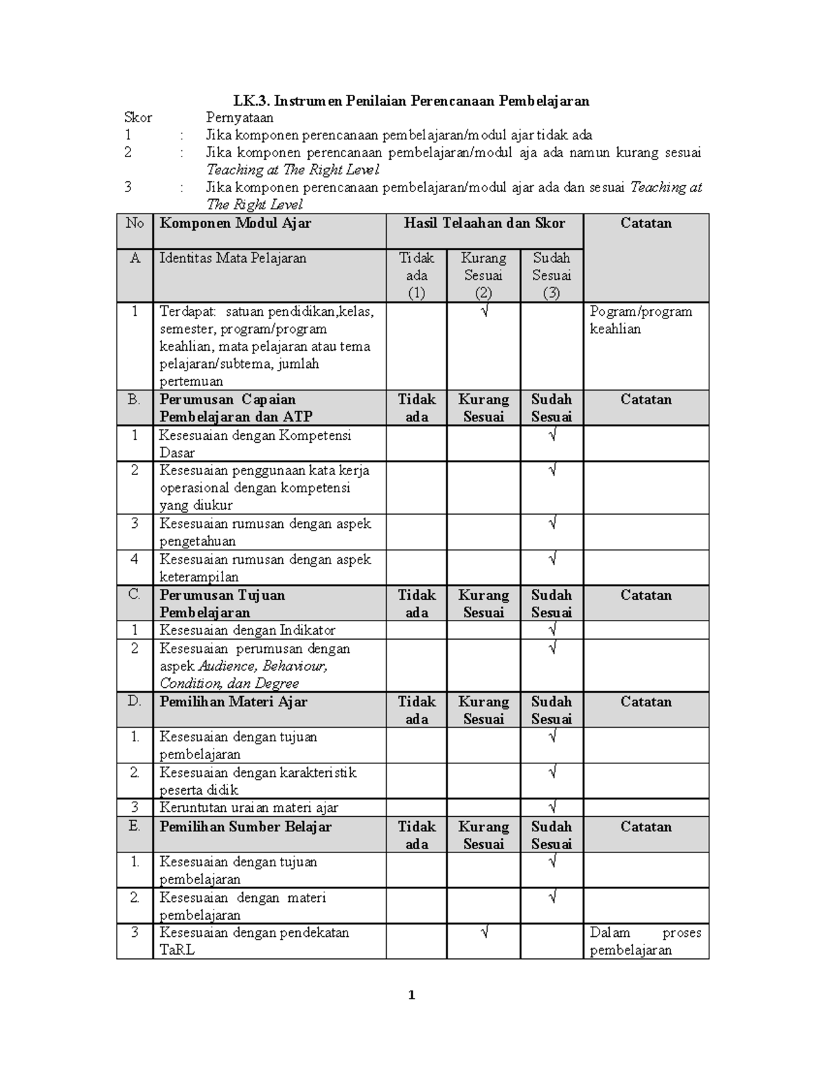 LK 3 Instrumen Penilaian Perencanaan Pembelajaran - 1 LK. Instrumen ...