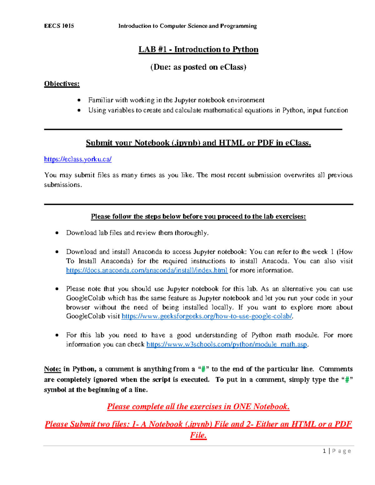 Lab 01- Fall 2023 - ffe - LAB #1 - Introduction to Python (Due: as posted on eClass) Objectives ...