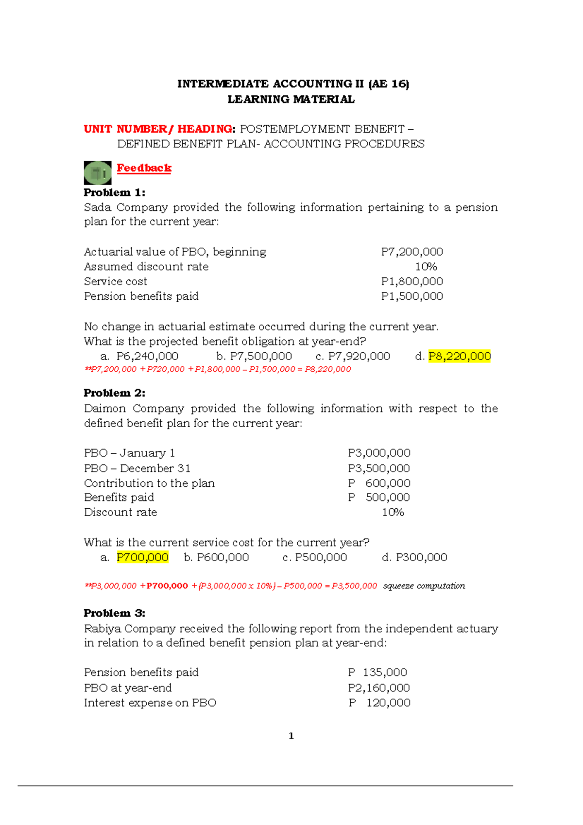 Defined benefit plan exercises with answers Compress 1 INTERMEDIATE