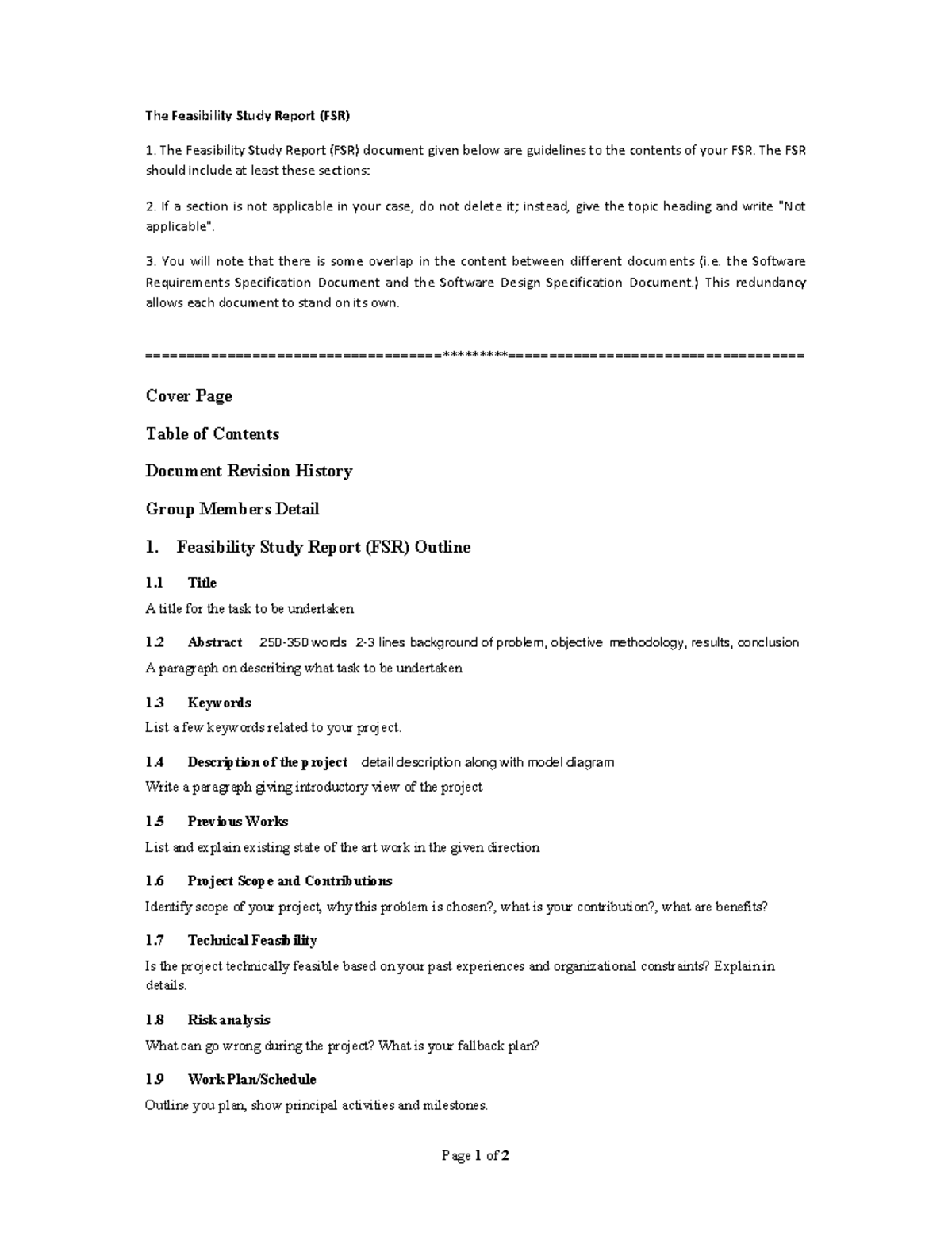 FSR Template - Page 1 of 2 The Feasibility Study Report (FSR) The Feasibility Study Report (FSR ...