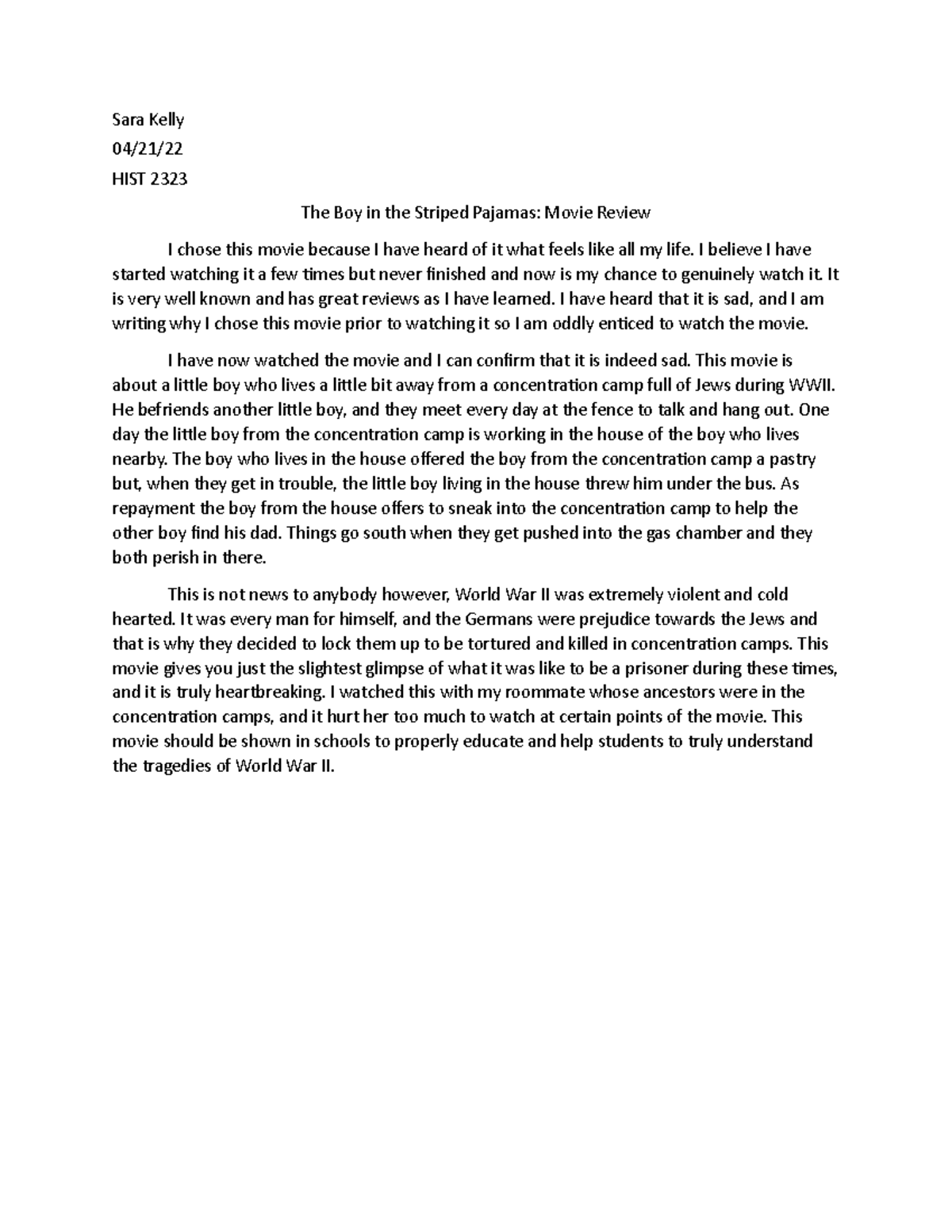 Extra credit history - Sara Kelly 04/21/ HIST 2323 The Boy in the ...