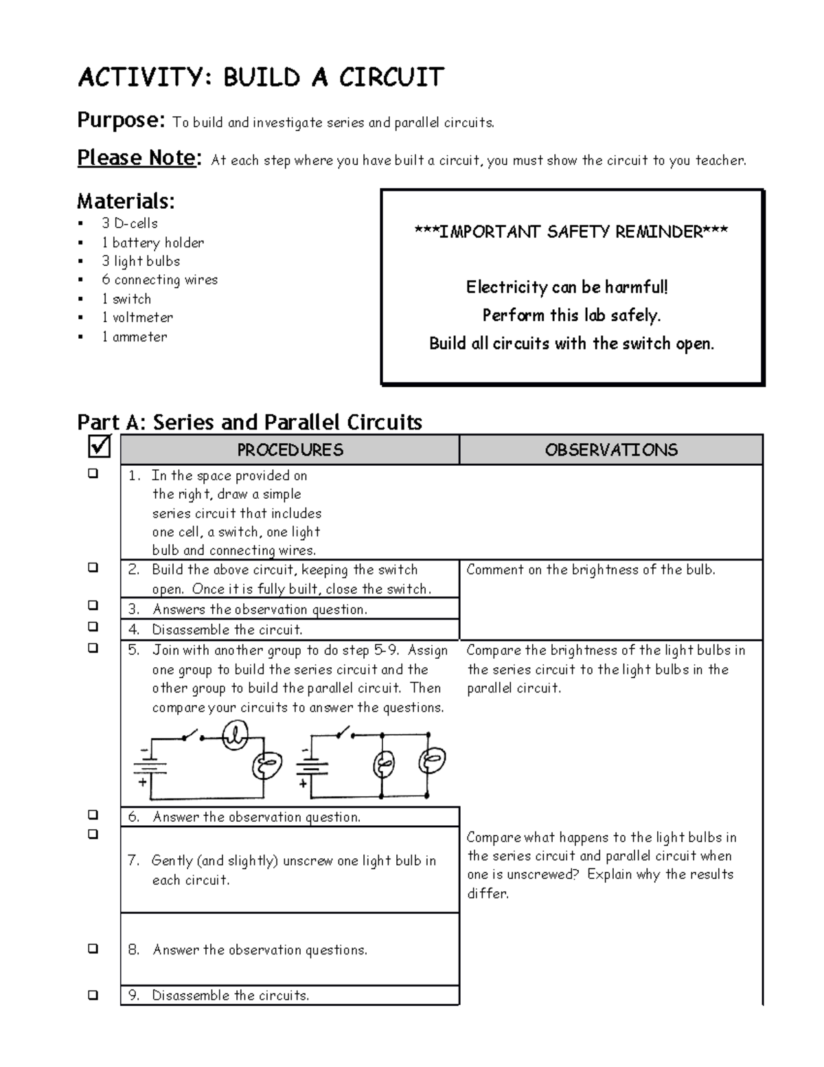 09 Lab Simple Circuits - Notes - ACTIVITY: BUILD A CIRCUIT Purpose: To ...