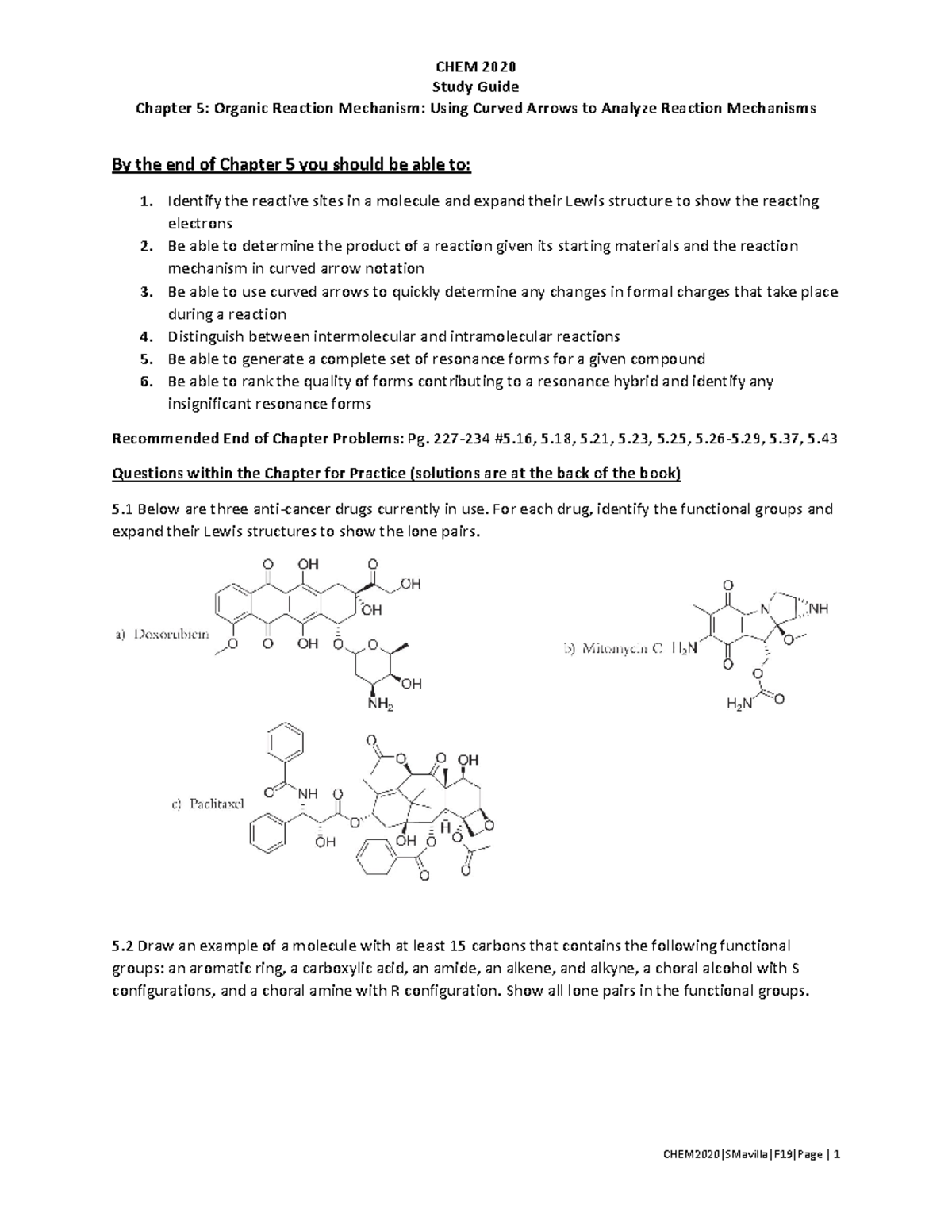 CHEM 2020 Chapter 5 Study Guide F19 - Study Guide Chapter 5: Organic ...