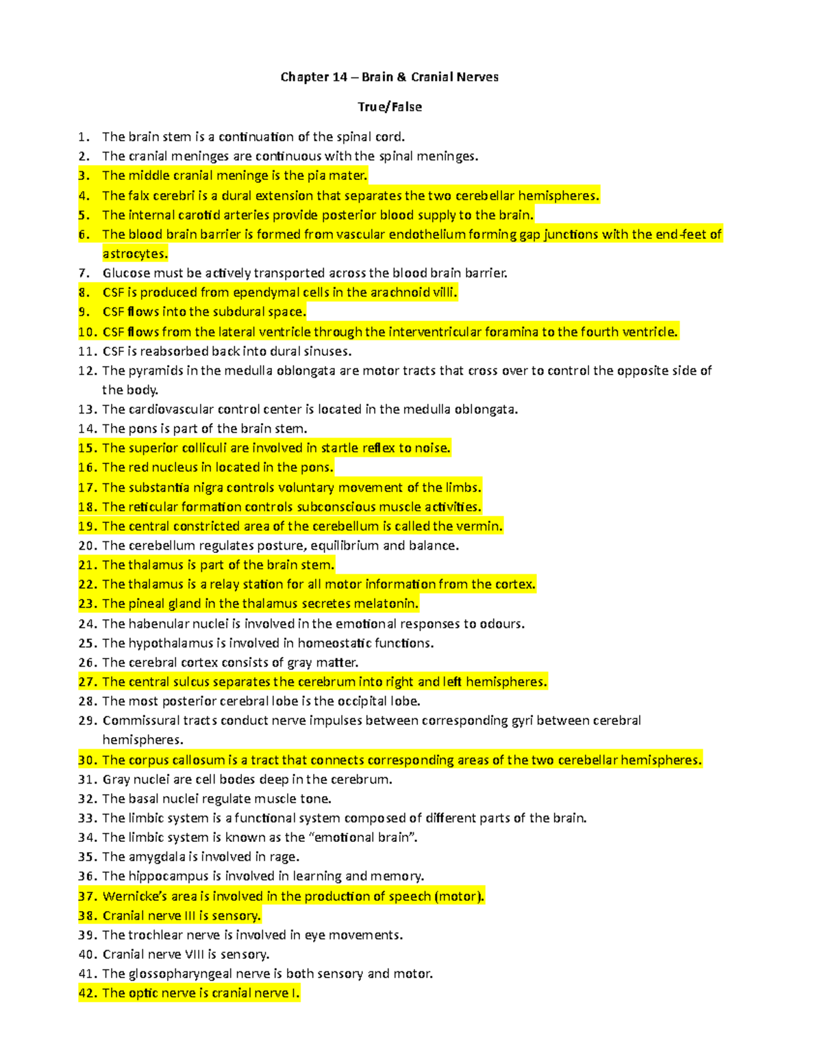 Chapte 14 - Brain and Cranial Nerves Answers - Chapter 14 – Brain ...