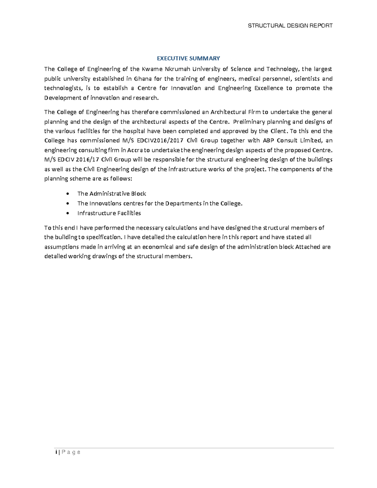 Final report - structures - i | P a g e EXECUTIVE SUMMARY The College ...