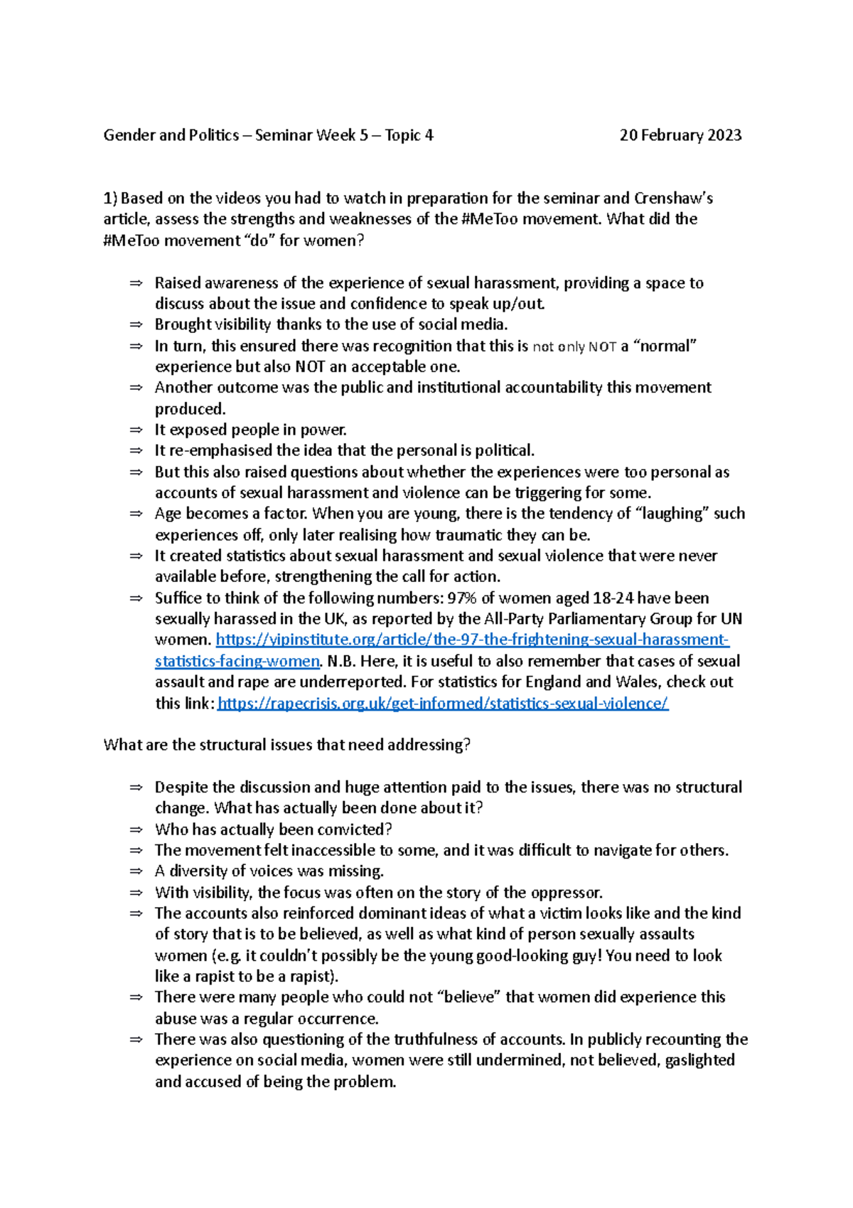 POL361 - Topic 4 Seminar discussion summary - Gender and Politics ...