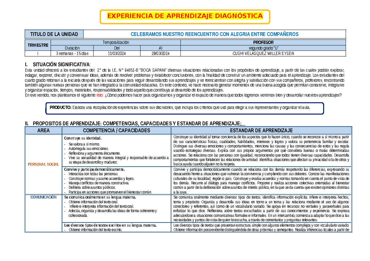 Experiencia DE Aprendizaje Diagnostica 1° Y 2° Grado - TITULO DE LA UNIDAD CELEBRAMOS NUESTRO ...