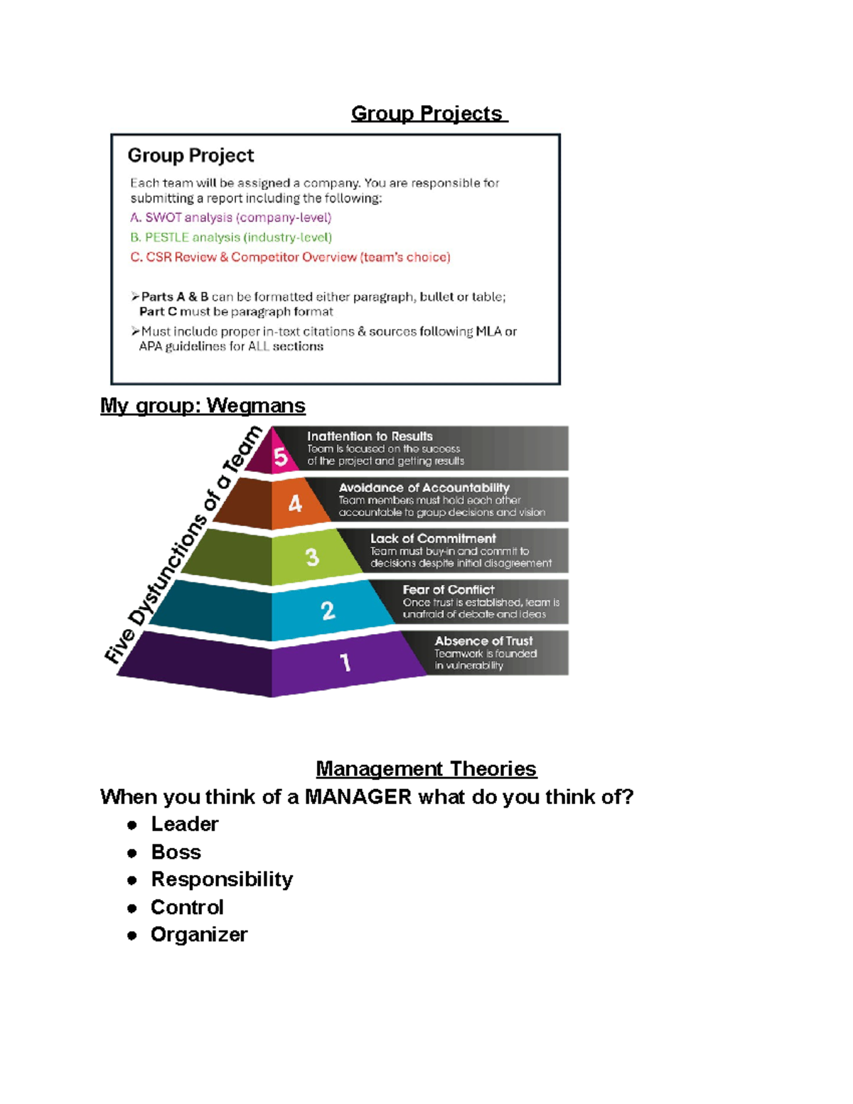 MGT 201 9 4 class notes - Group Projects My group: Wegmans Management ...