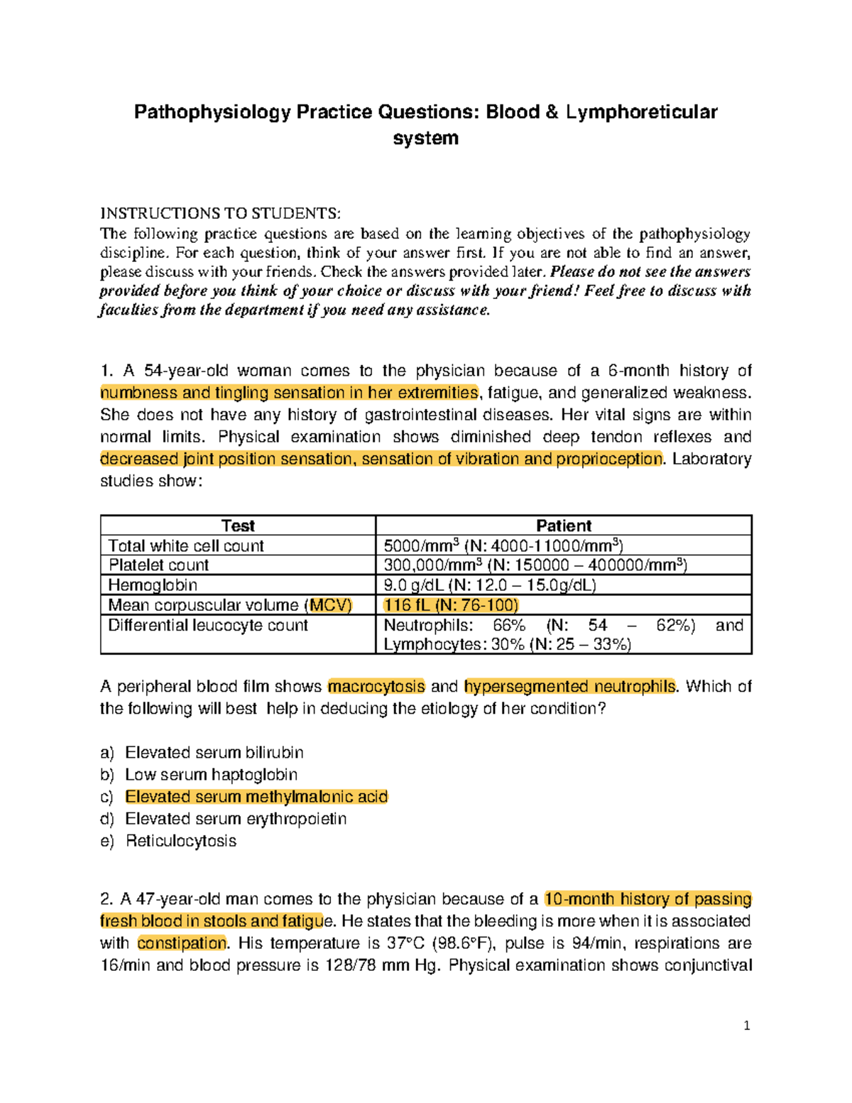 Hematology Practice Questions - Pathophysiology Practice Questions ...