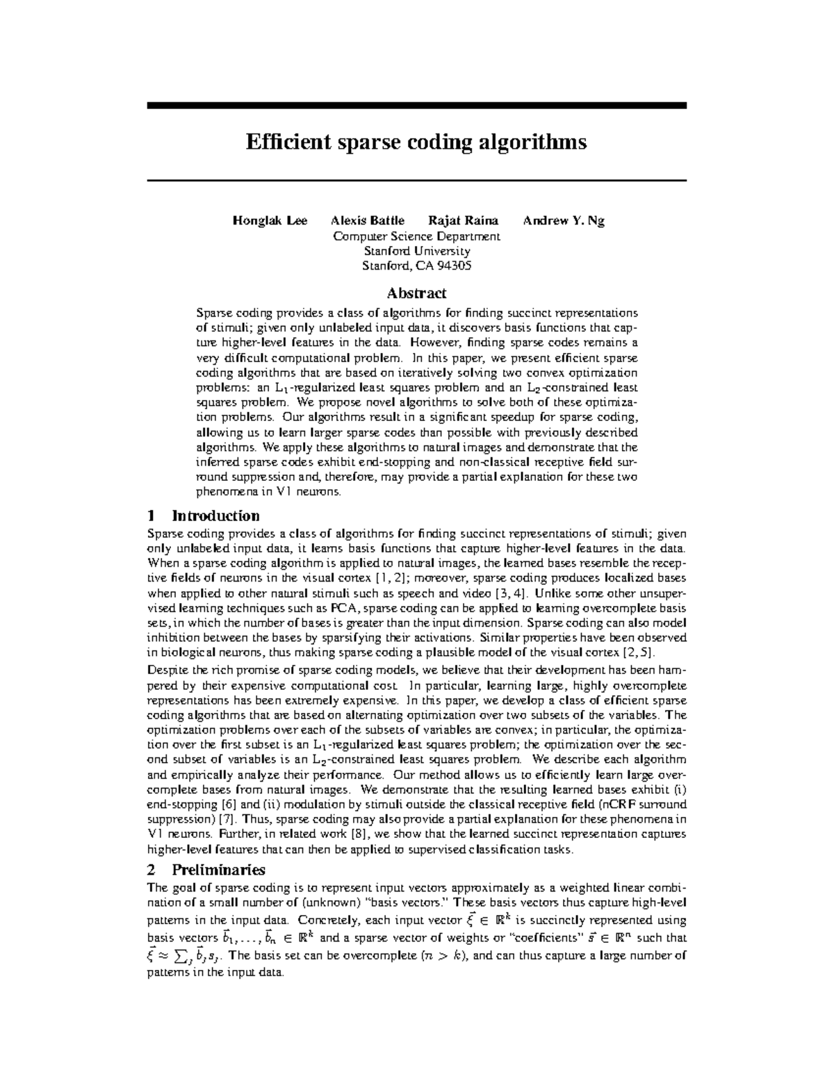 Summary Efficient Sparse Coding Algorithms Efficient Sparse Coding Algorithms Honglak Lee 5089