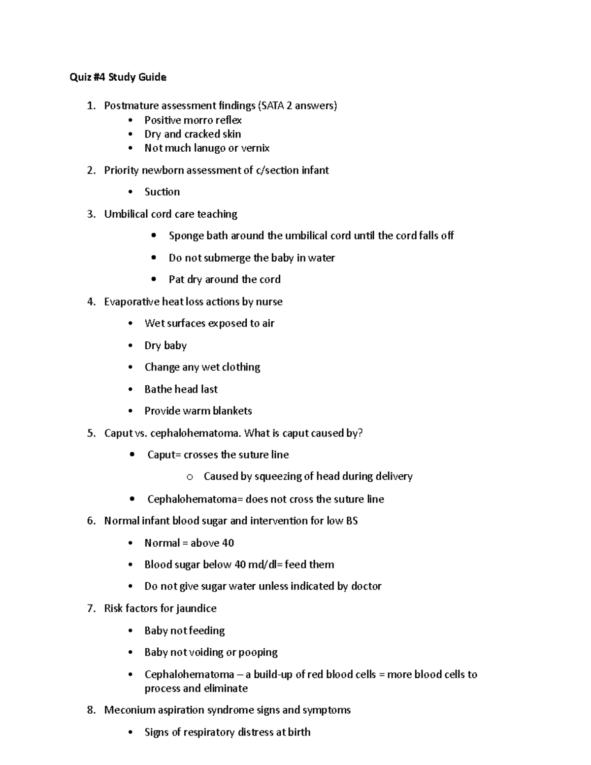 Quiz #4 Study Guide - Quiz #4 Study Guide Postmature assessment ...