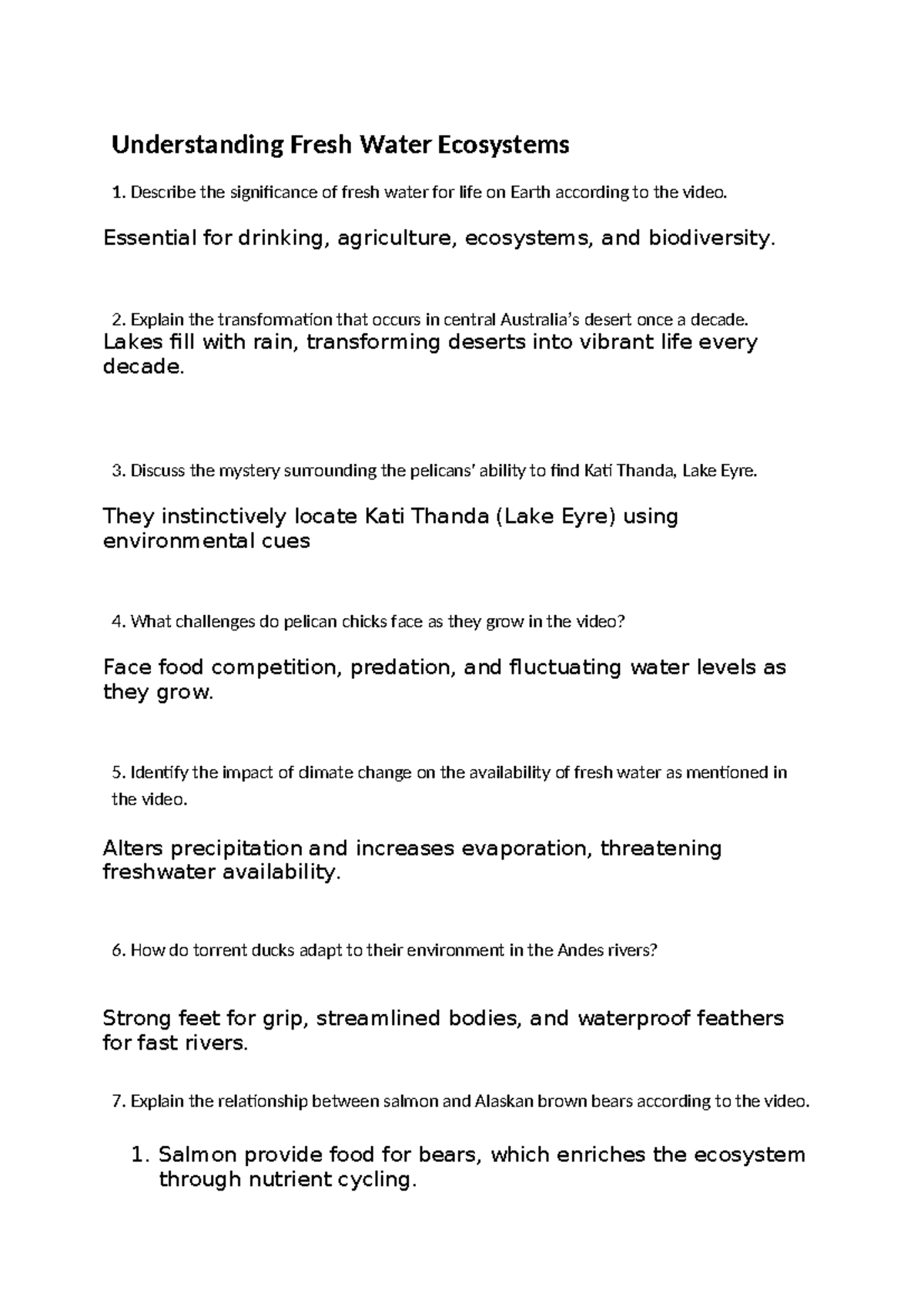 Understanding Fresh Water Ecosystems Worksheet - Understanding Fresh ...