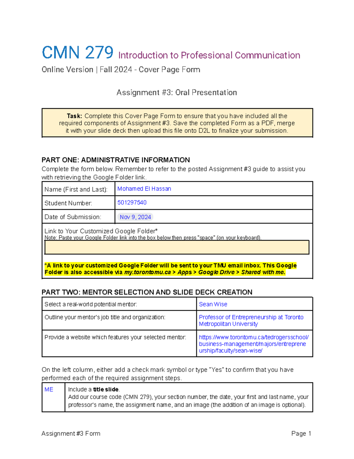CMN 279 (Sec 861) A3 - F2024 - Mohamed El Hassan - CMN 279 Introduction to Professional - Studocu