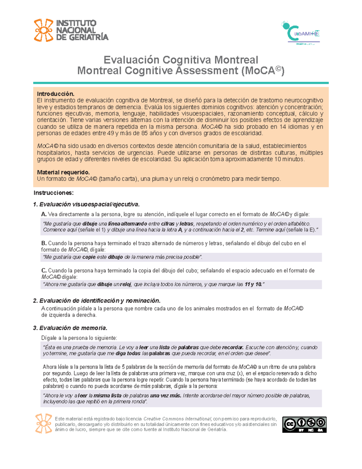 Moca-instrucciones - Prácticas al adulto mayor - Evaluación Cognitiva ...