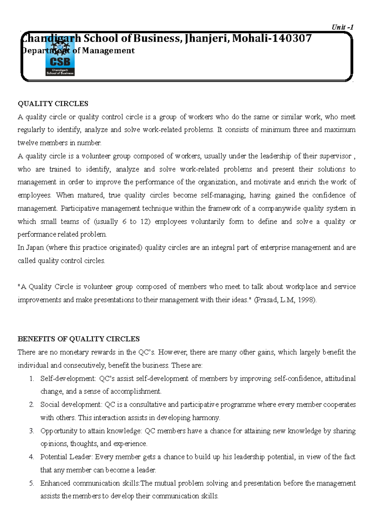 Quality circle - IRLL NOTES - QUALITY CIRCLES A quality circle or ...