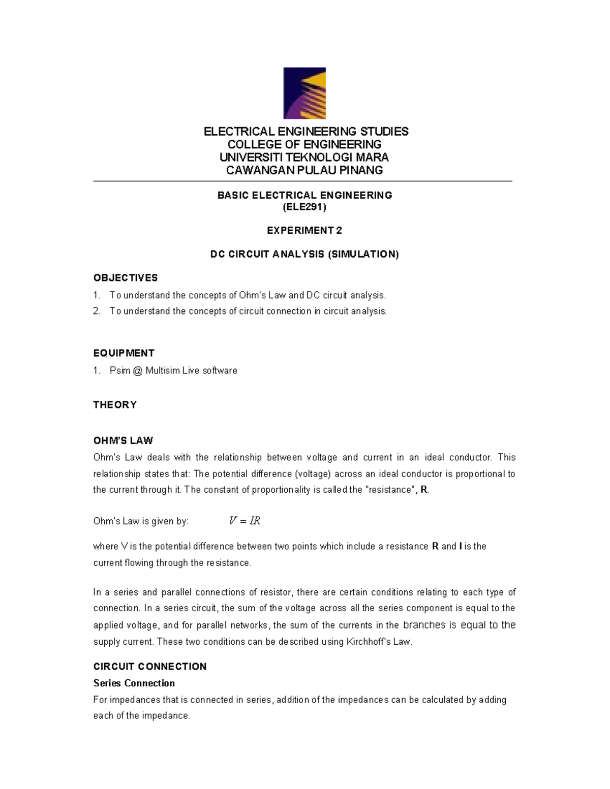 E2 ELE291 - LAB REPORT - ELECTRICAL ENGINEERING STUDIES COLLEGE OF ...