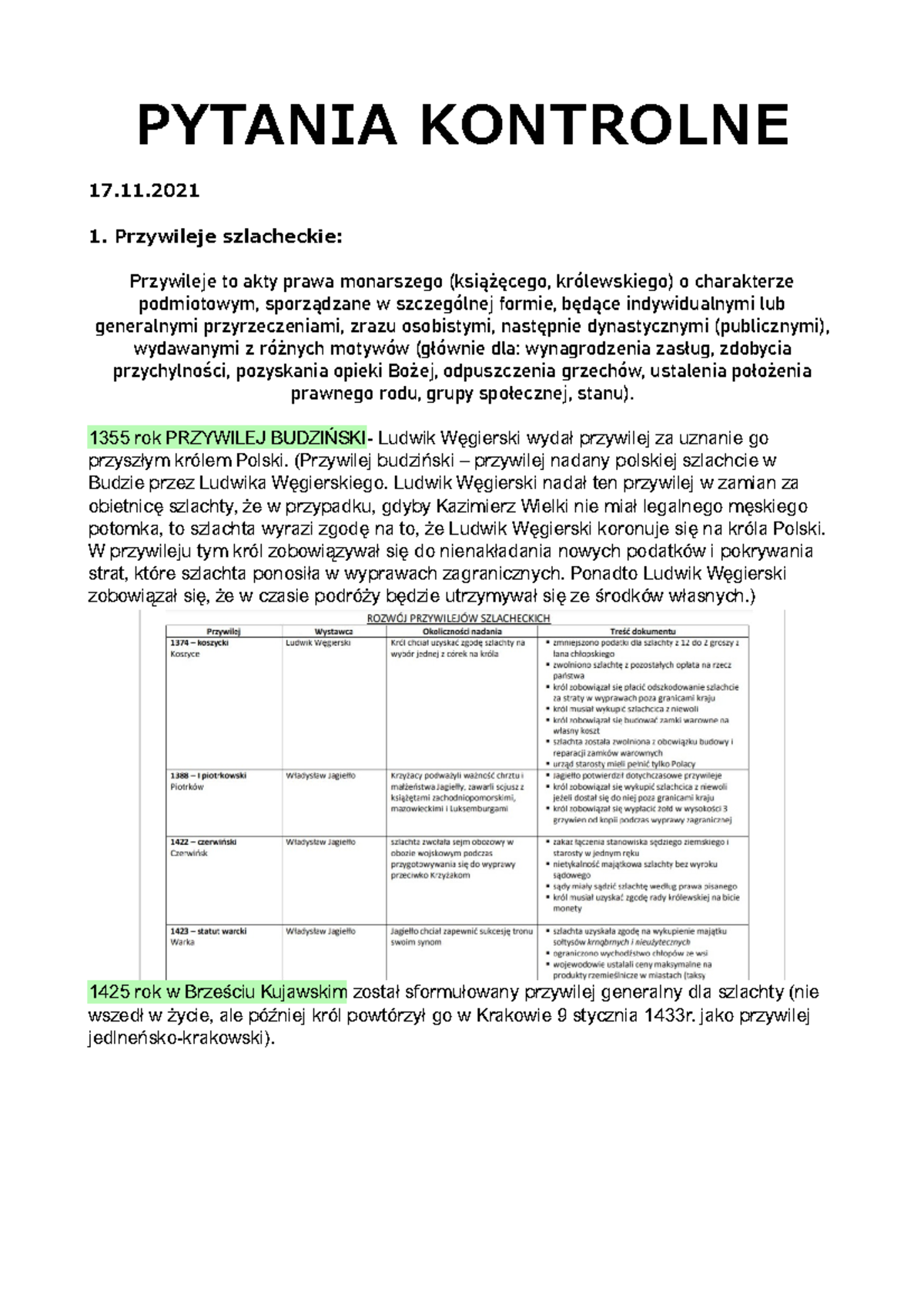 Pytania kontrolne 17 - Materiały z historii - PYTANIA KONTROLNE 17. Przywileje szlacheckie ...