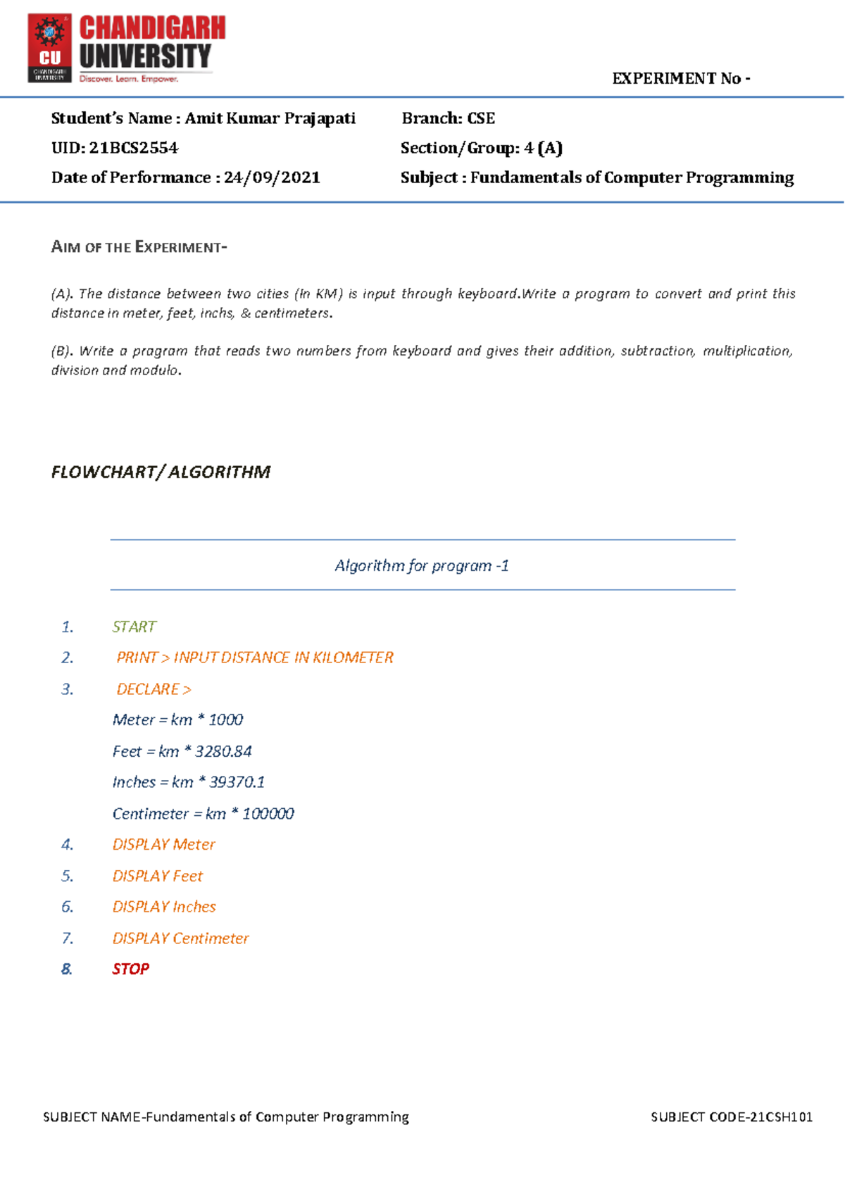 FOCP 1 - programing - EXPERIMENT No - Student’s Name : Amit Kumar Prajapati Branch: CSE UID ...
