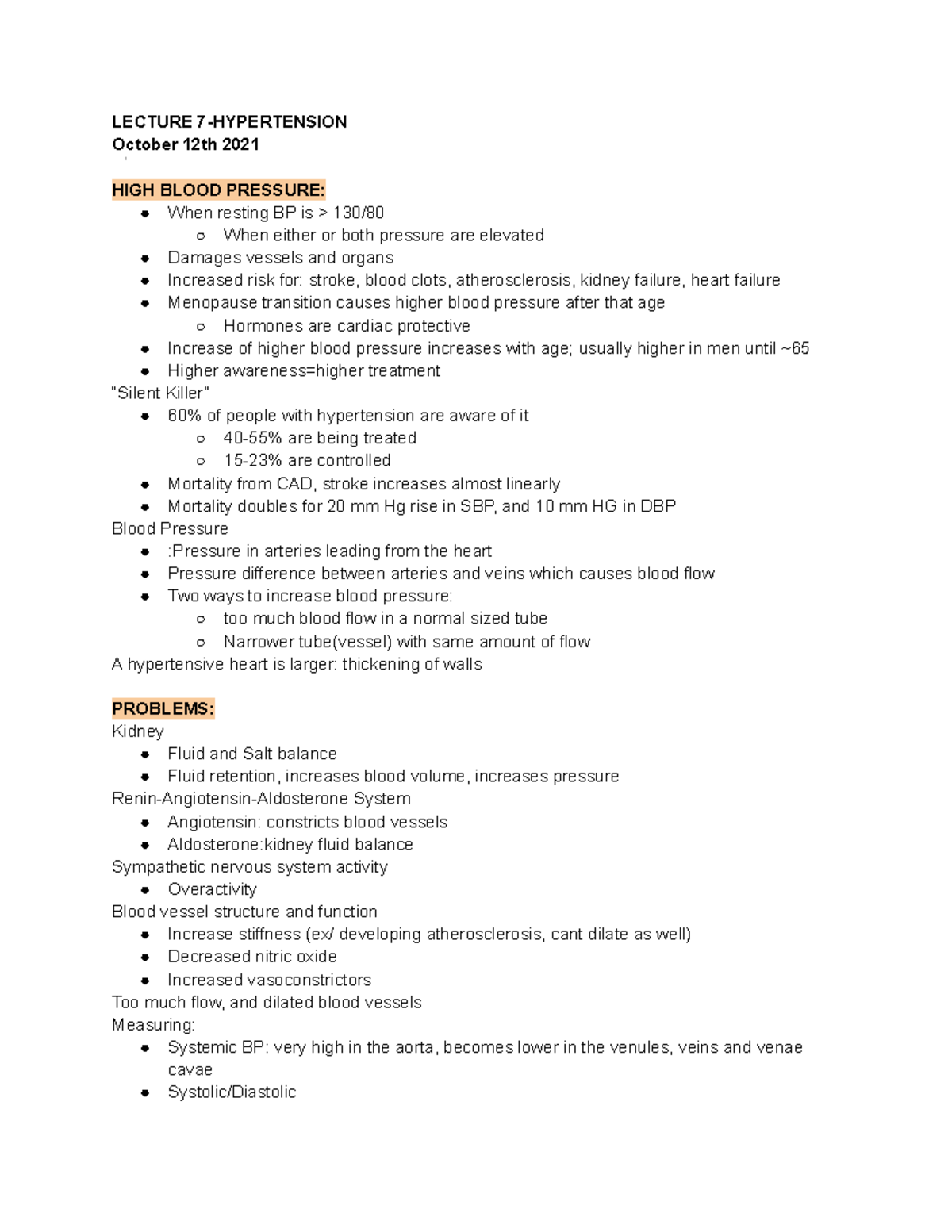 Unit 2-Lecture 7: Hypertension - LECTURE 7-HYPERTENSION October 12th ...