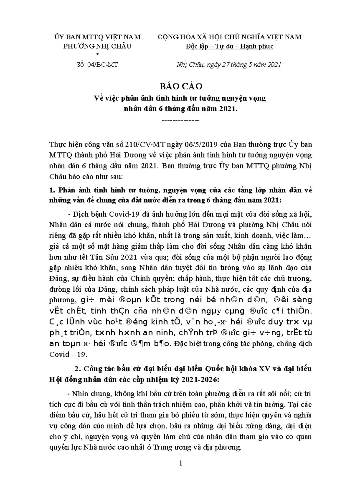 BAO CAO TU Tuong NHAN DAN 6 Tháng 2021 - ỦY BAN MTTQ VIỆT NAM PHƯỜNG NHỊ CHÂU * Số: 04/BC-MT ...